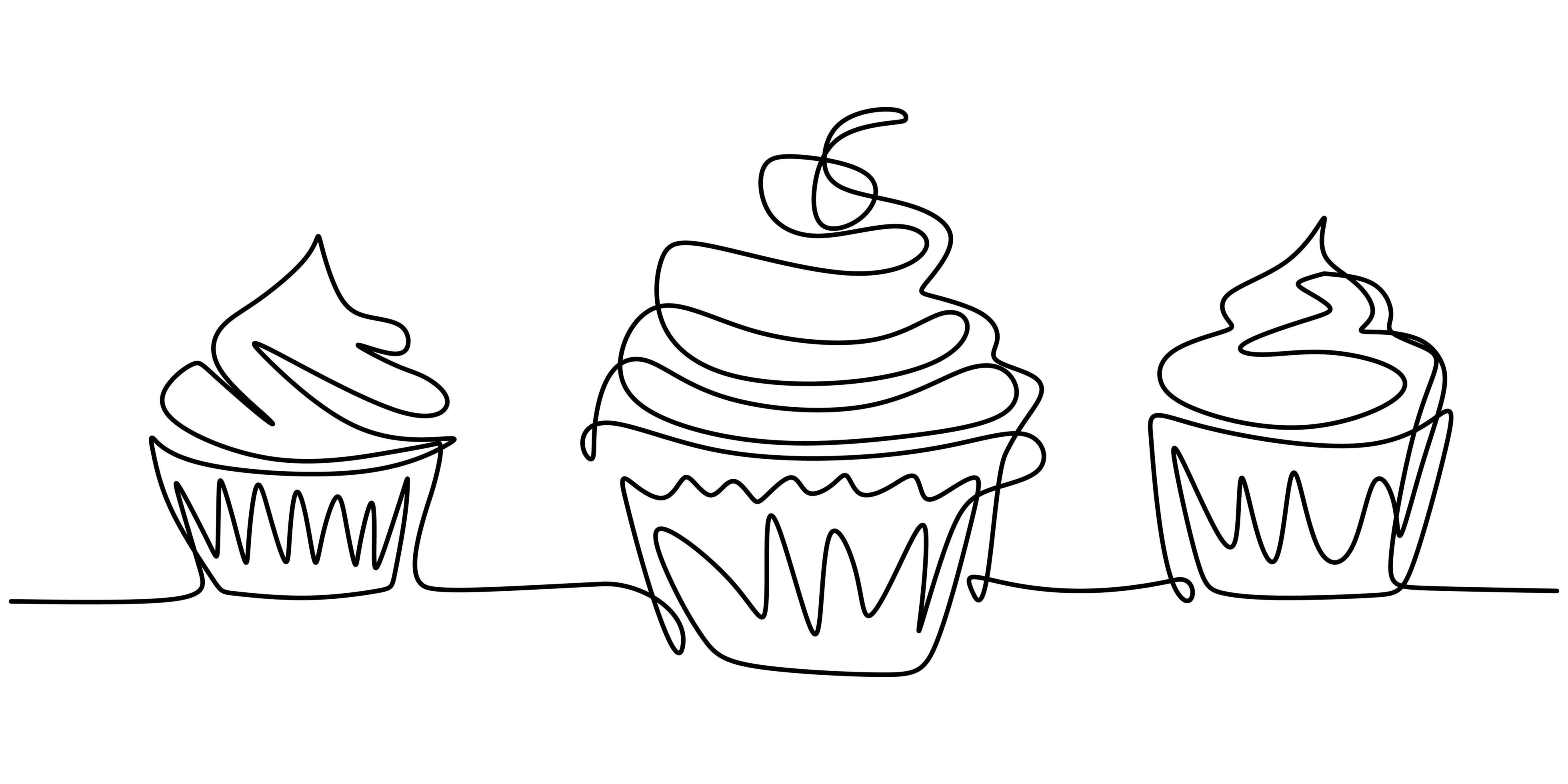 Cupcake With Decoration And Cherry Continuous Line Drawing Element