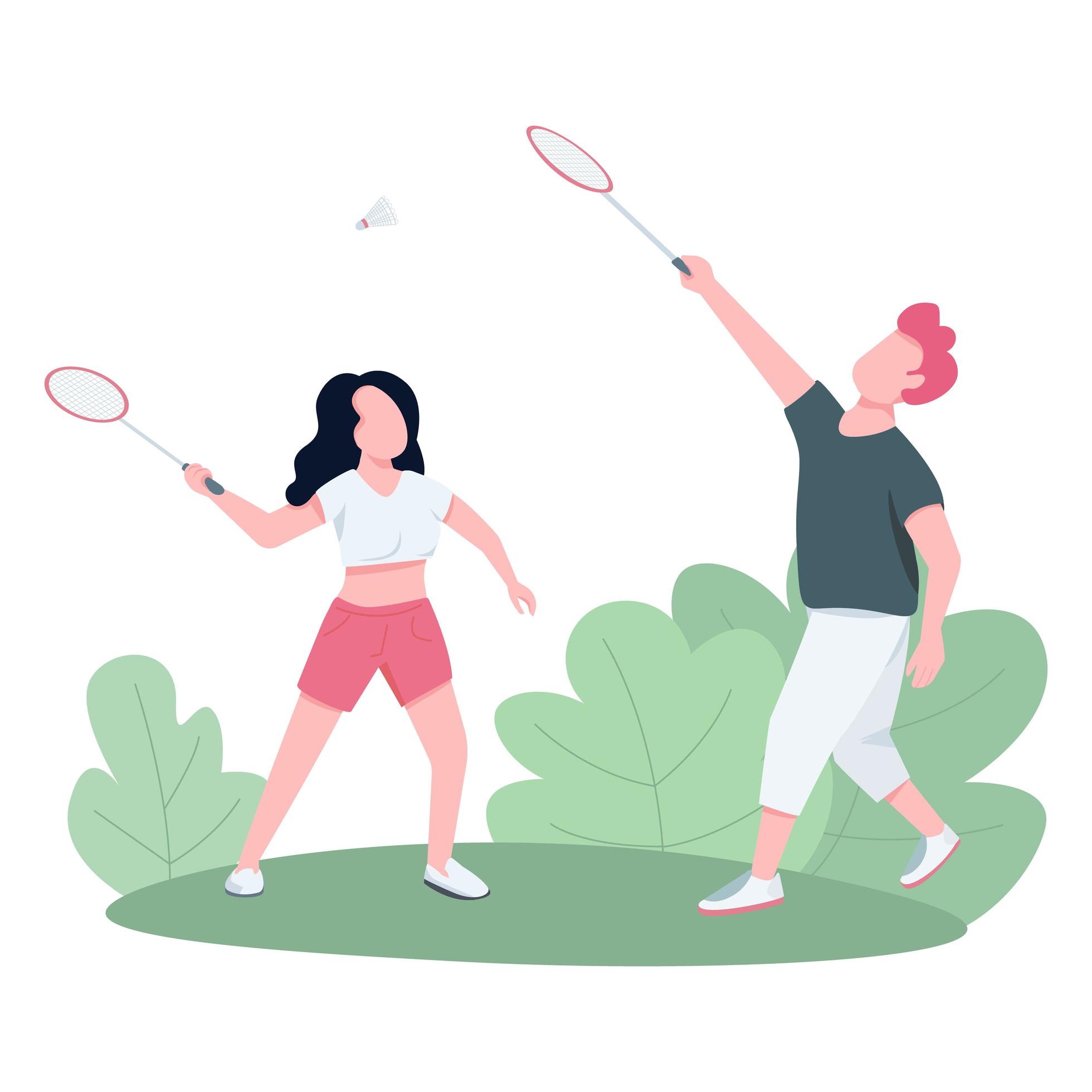 Couple Playing Badminton Outdoors Flat Color Vector Faceless Characters