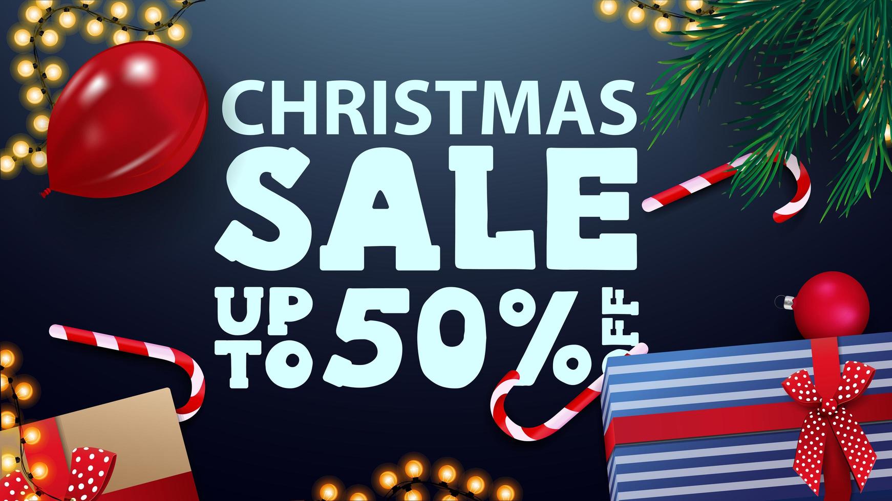 Christmas sale, up to 50 off, blue greeting card with presents, red ...