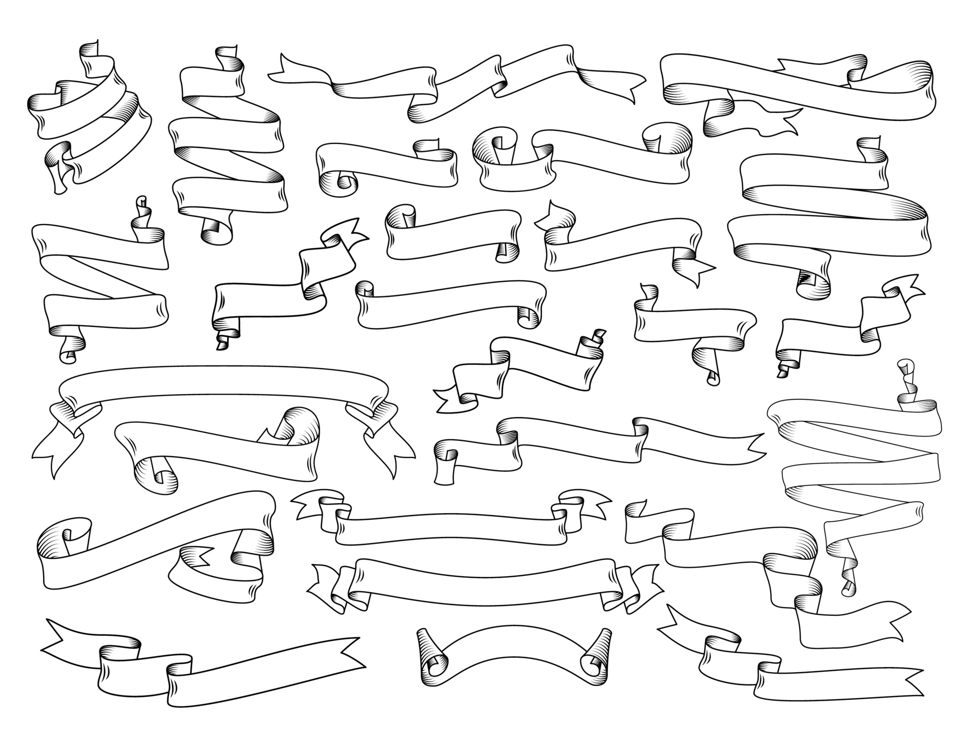 Hand Drawn Detailed Vector Scroll Ribbons Set in Outline, Contour ...