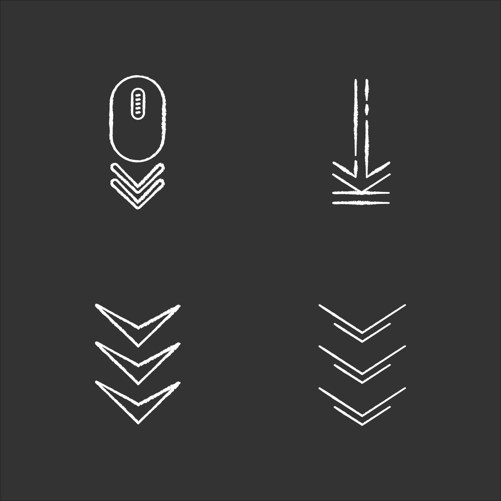 Scrolling down and uploading indicators chalk white icons set on black background. Scrolldown ...