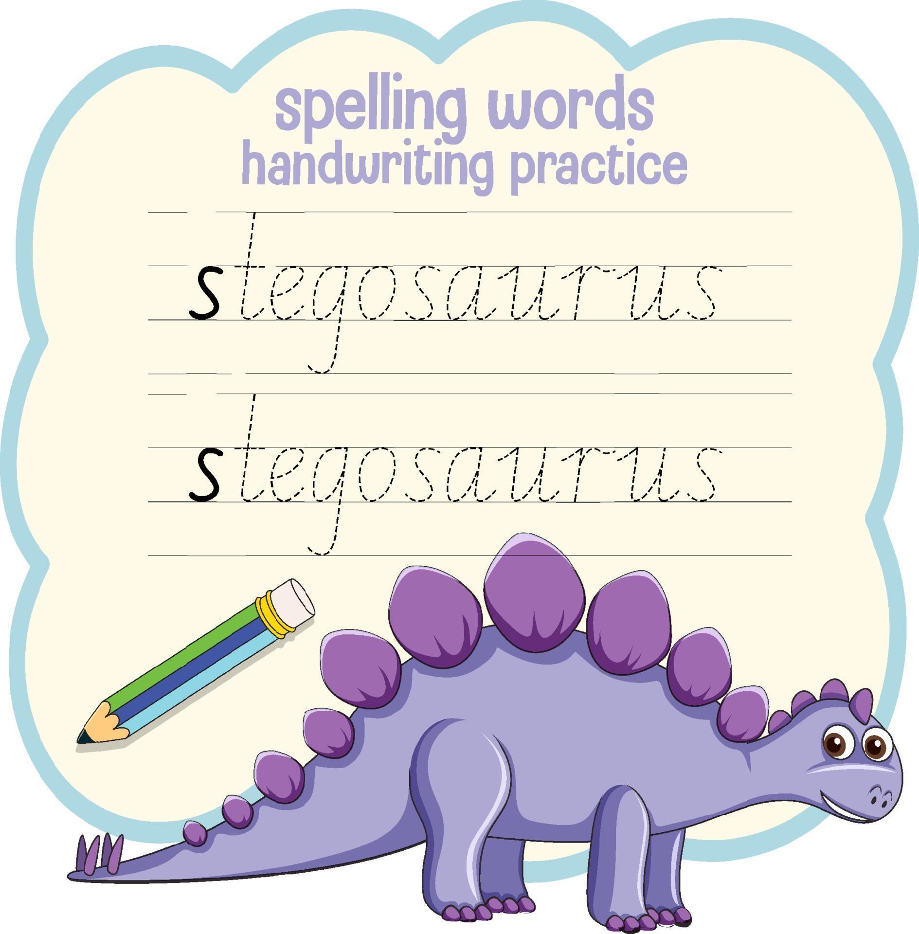 Spelling words dinosaur handwriting practice worksheet 1928594 Vector ...
