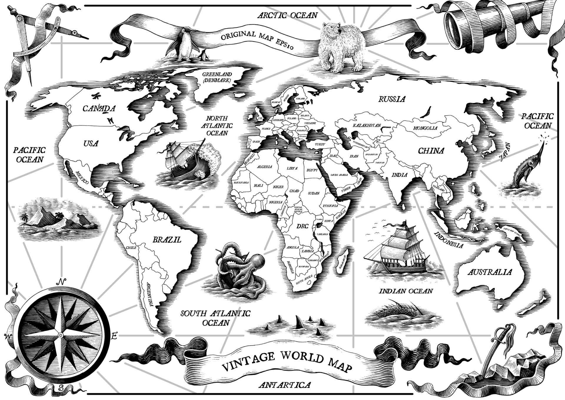 Vintage old world map hand draw engraving style black and white art ...