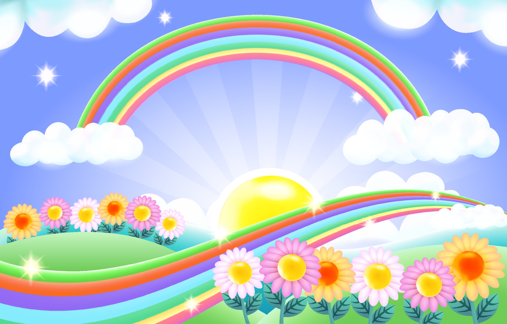 Colourful bright rainbow background with flowers field illustration ... Colourful bright rainbow background with flowers field illustration ...