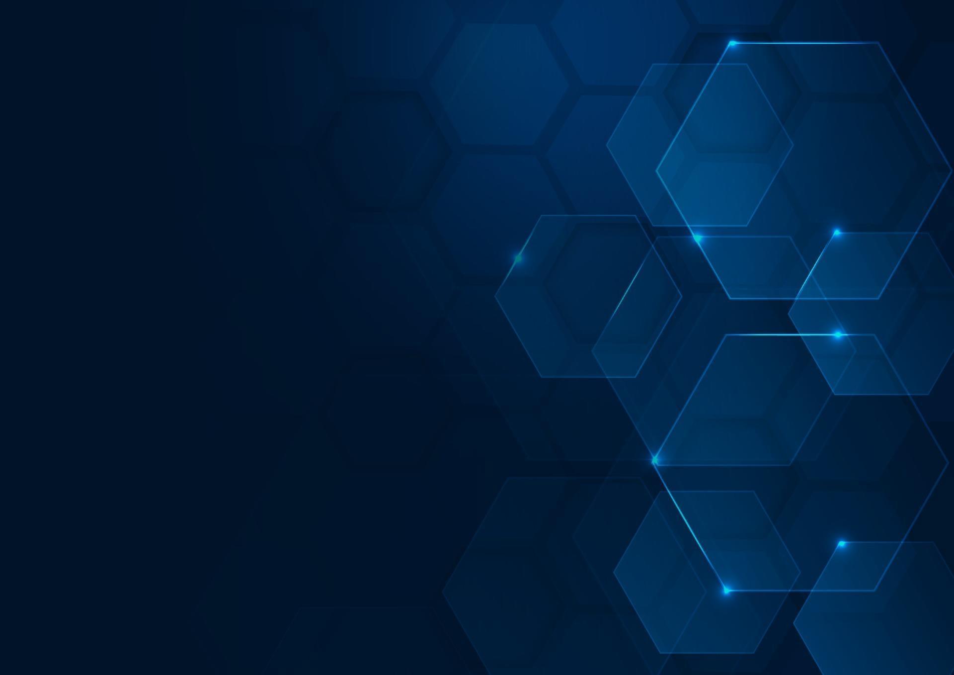 Abstract Technology Futuristic Hexagon Overlapping Pattern With Blue Light Effect On Dark Blue