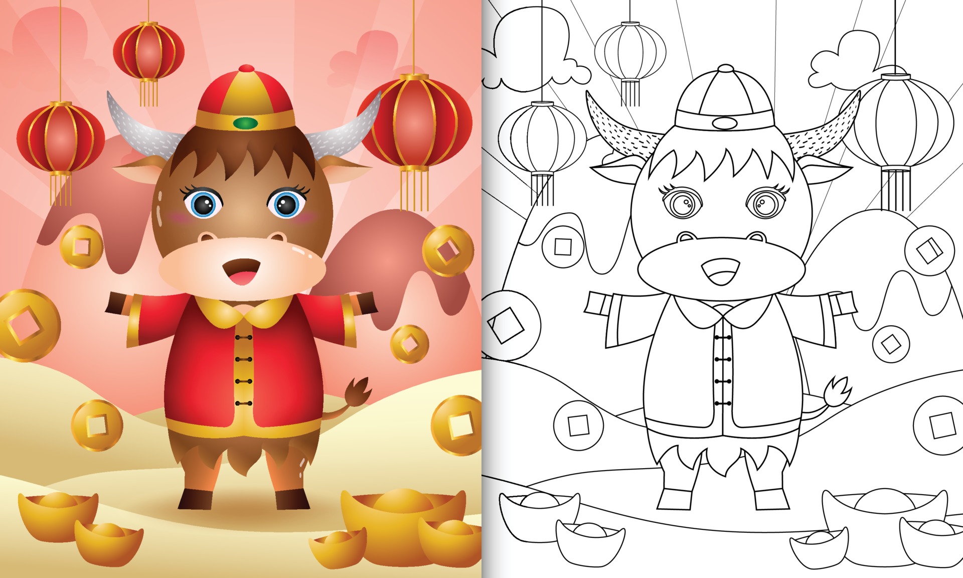 Coloring book template for kids with a cute bull using chinese ...