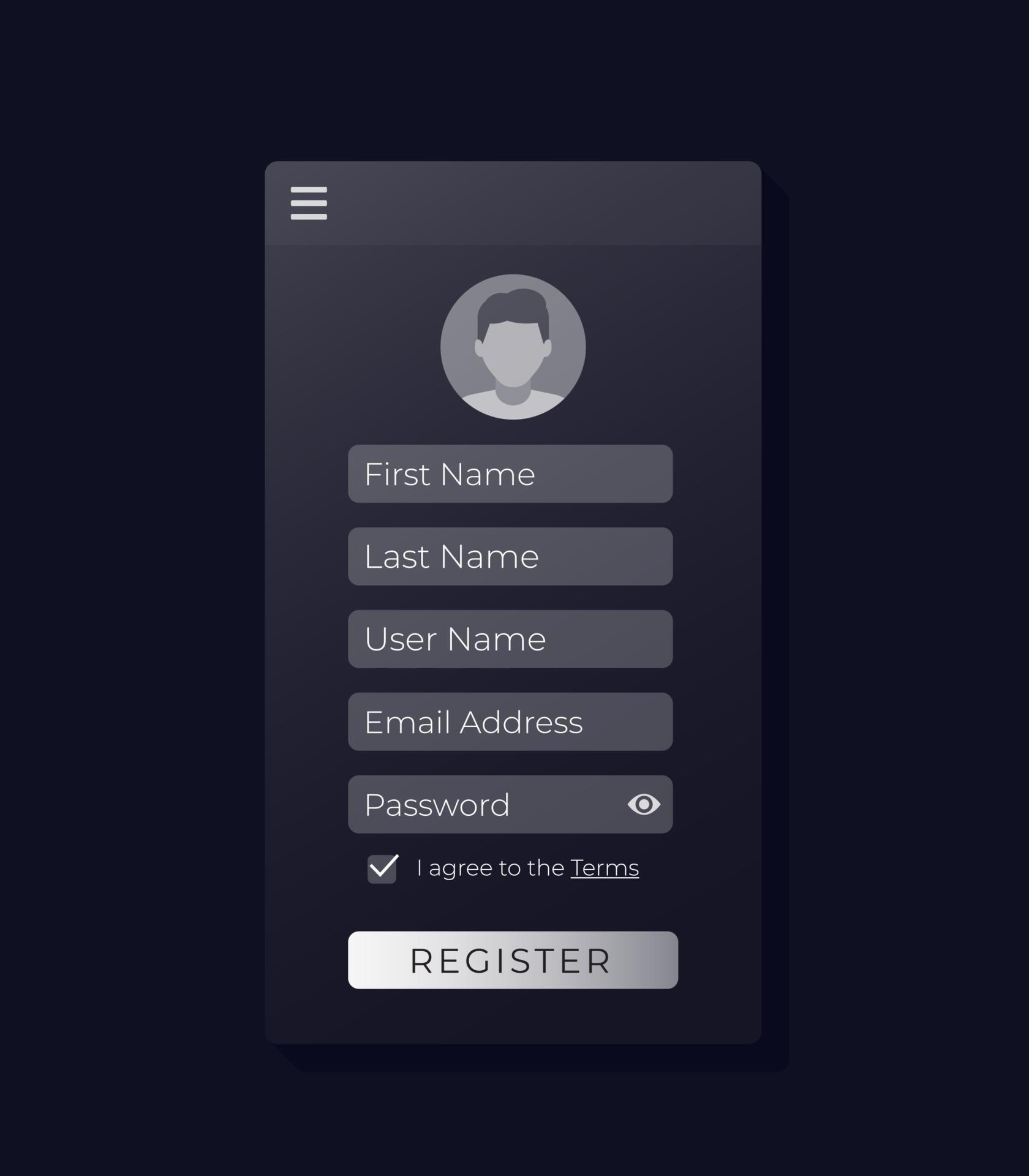 Register form, mobile ui design, dark theme 1990083 Vector Art at Vecteezy