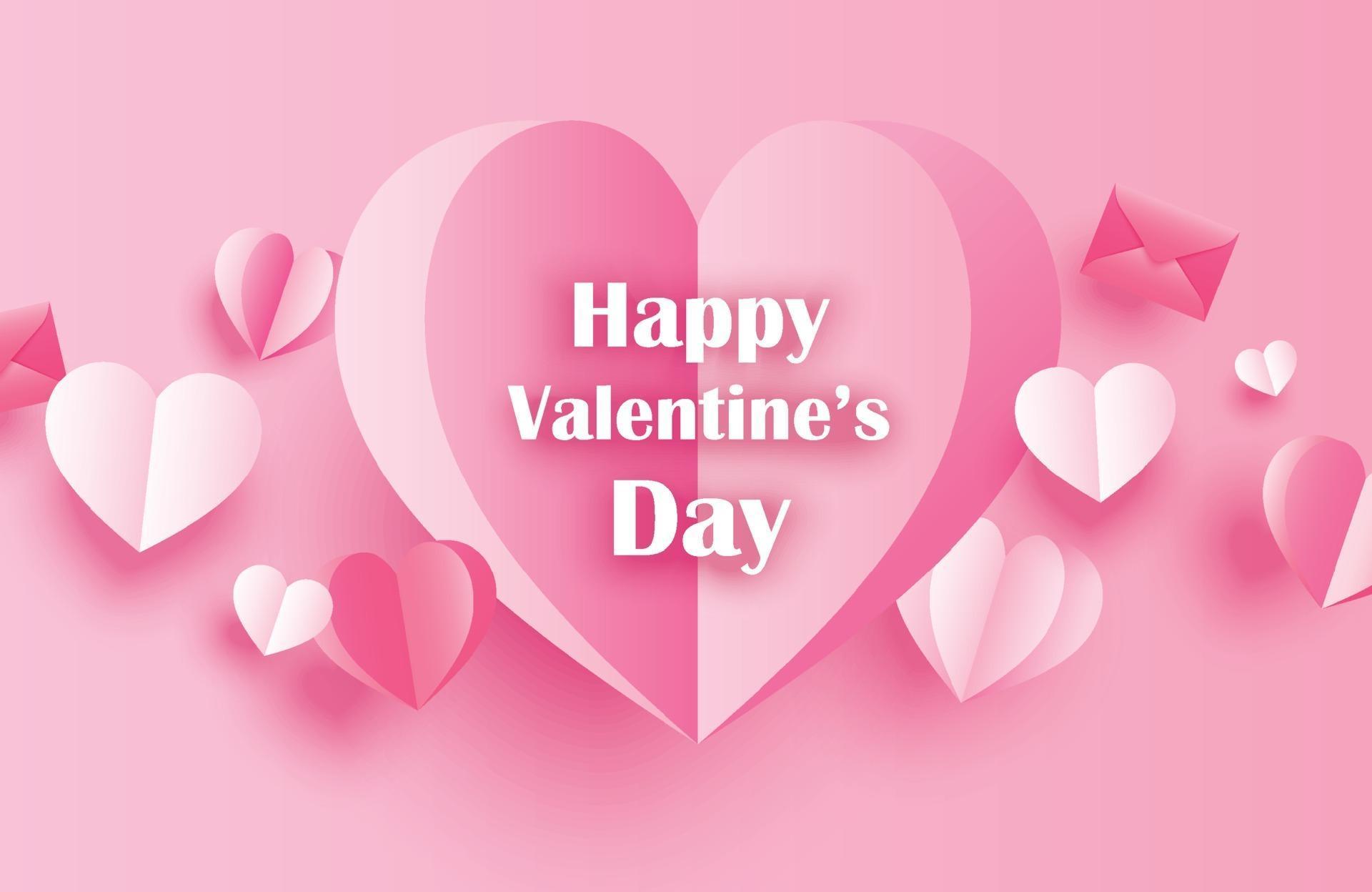Happy valentines day greeting cards with paper hearts on pink pastel ...