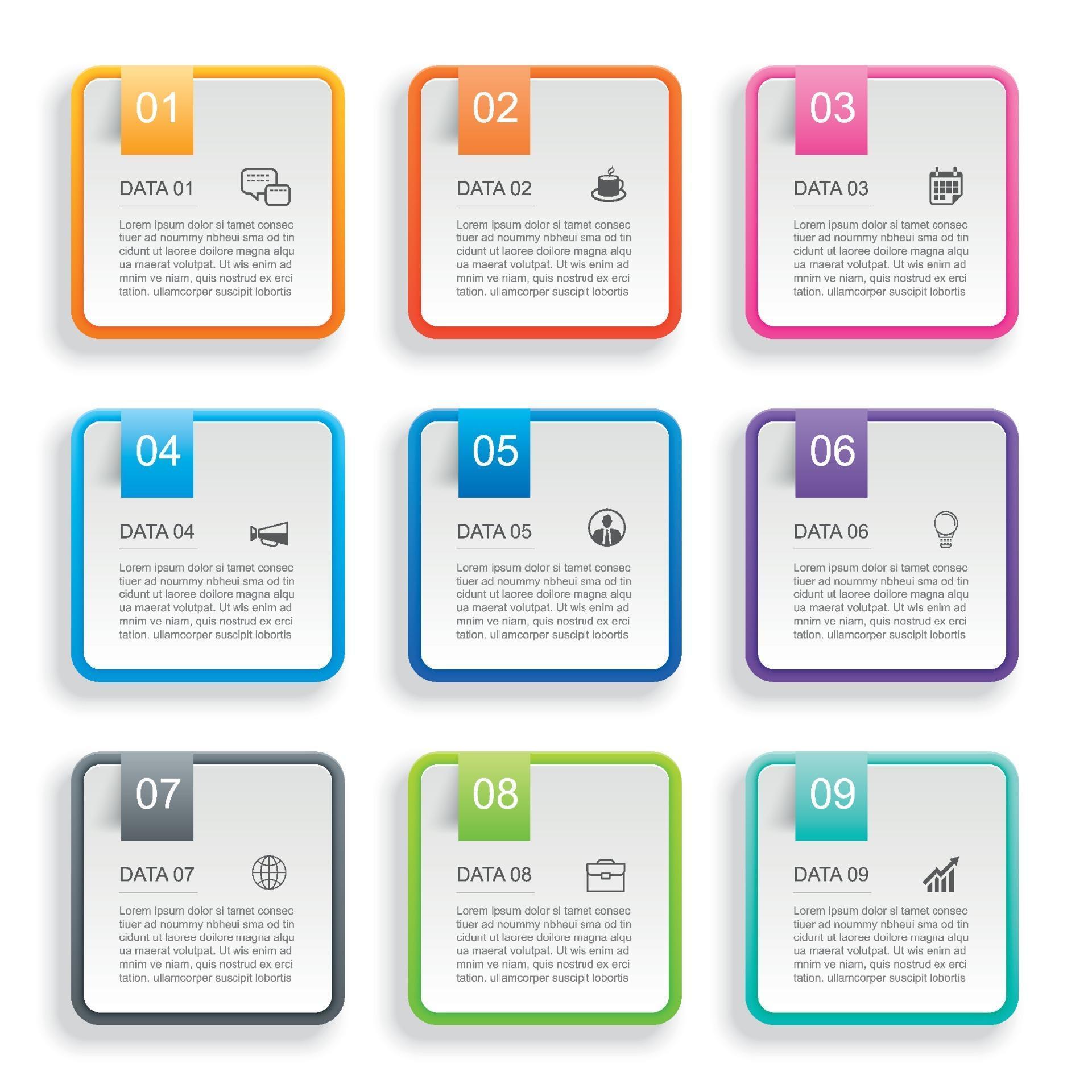 Infographics rectangle paper index with 9 data template. Vector ...