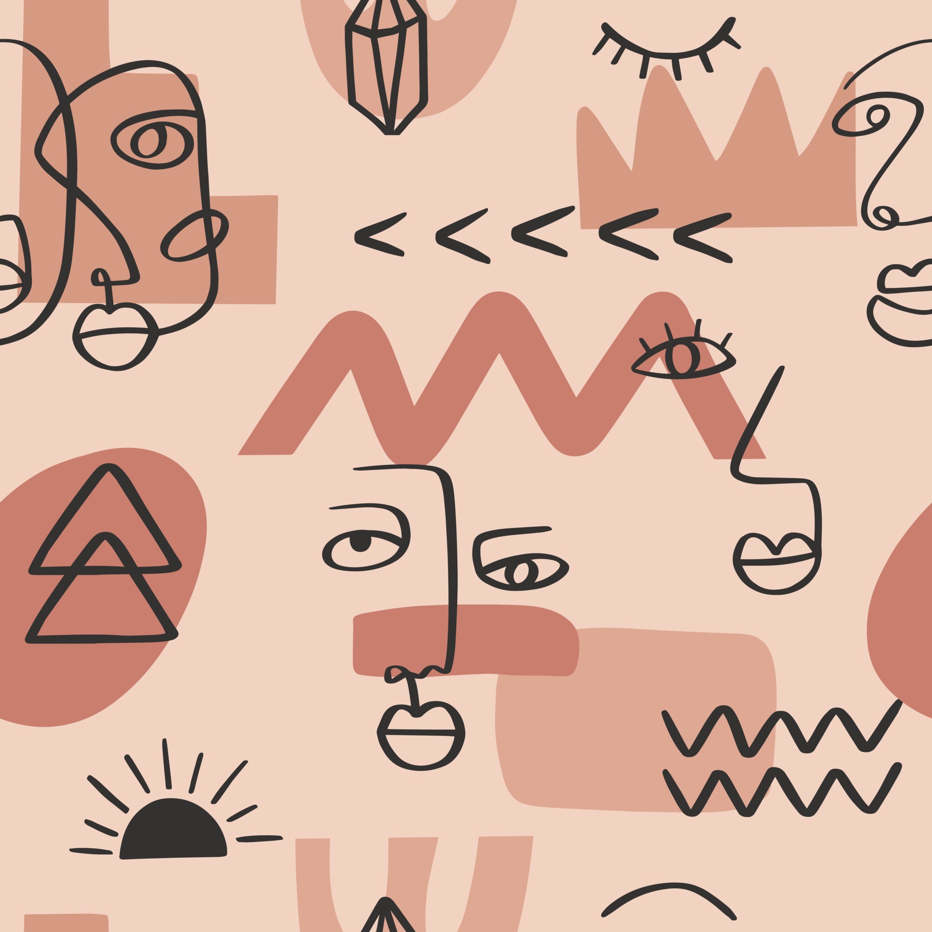 Abstract One Line Continuous Drawing Faces Seamless Pattern Minimalism Art Aesthetic Contour