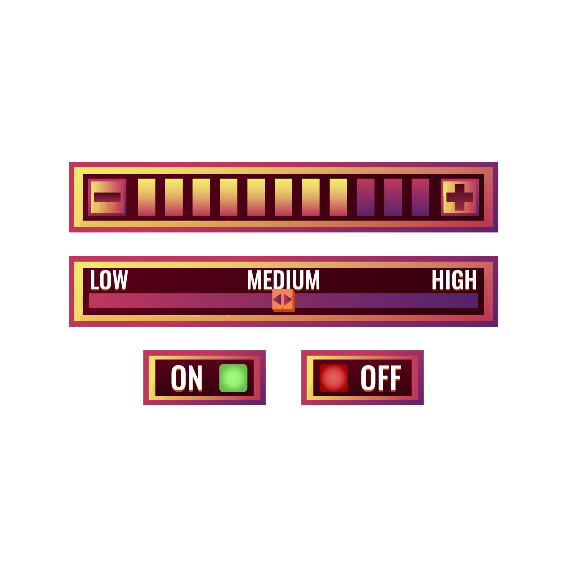 set of funny purple game ui control setting panel with on off button and progress menu for gui ...