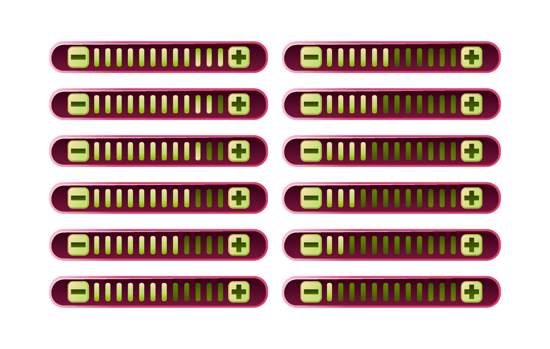 set of funny pink game ui progress bar panel with increase and decrease ...