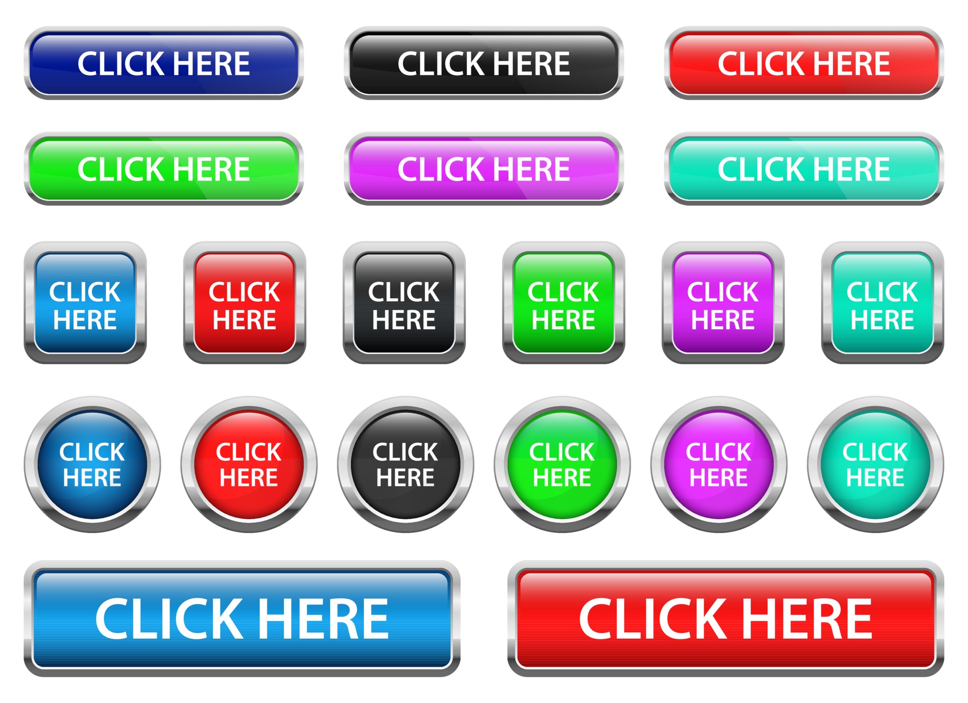 Click here web buttons with metallic frame set isolated on white ... Click here web buttons with metallic frame set isolated on white ...