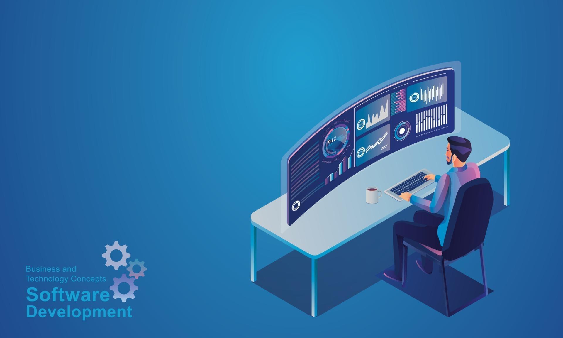 Data Analysis and Statistics concept. Isometric programmer working in a ...