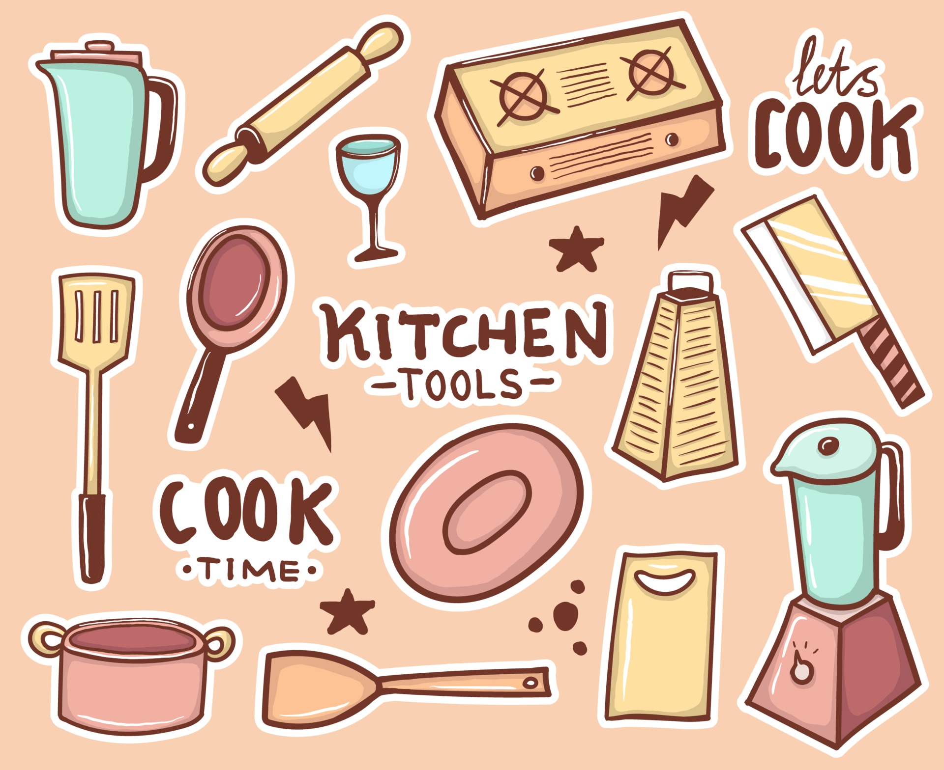 Colorful Hand drawn Kitchen Tools stickers collection 2024676 Vector Art at Vecteezy