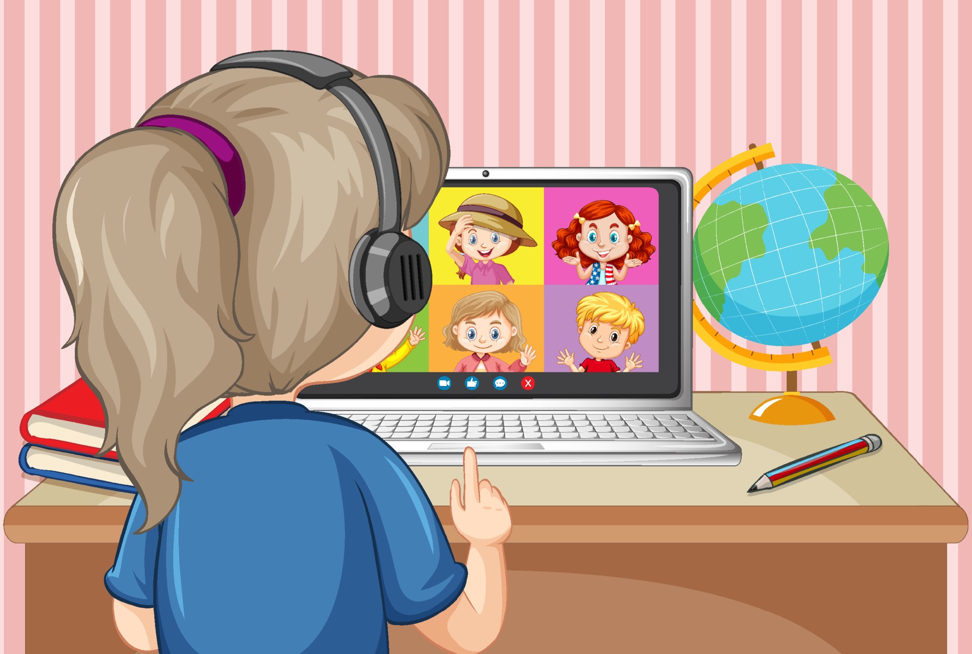 Back View Of A Girl Communicate Video Conference With Friends At Home