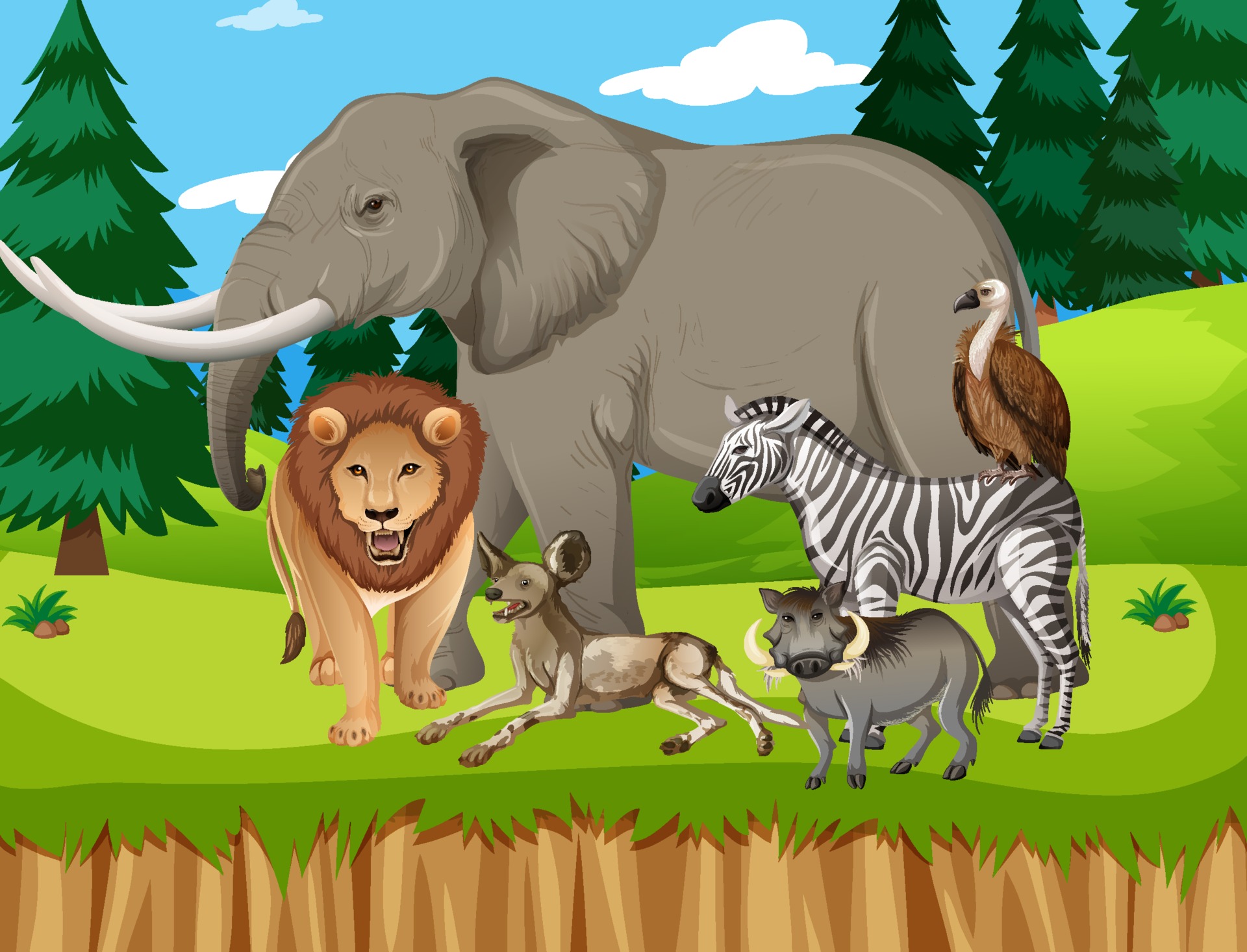 Group of wild african animal in the forest scene 2046947 Vector Art at ...