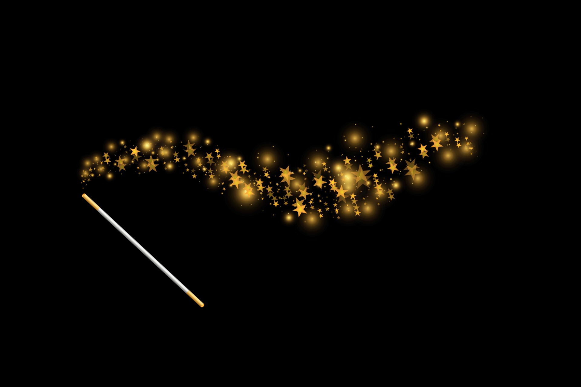 Magic wand with a stars with sparkle on black background. Trace of gold ...