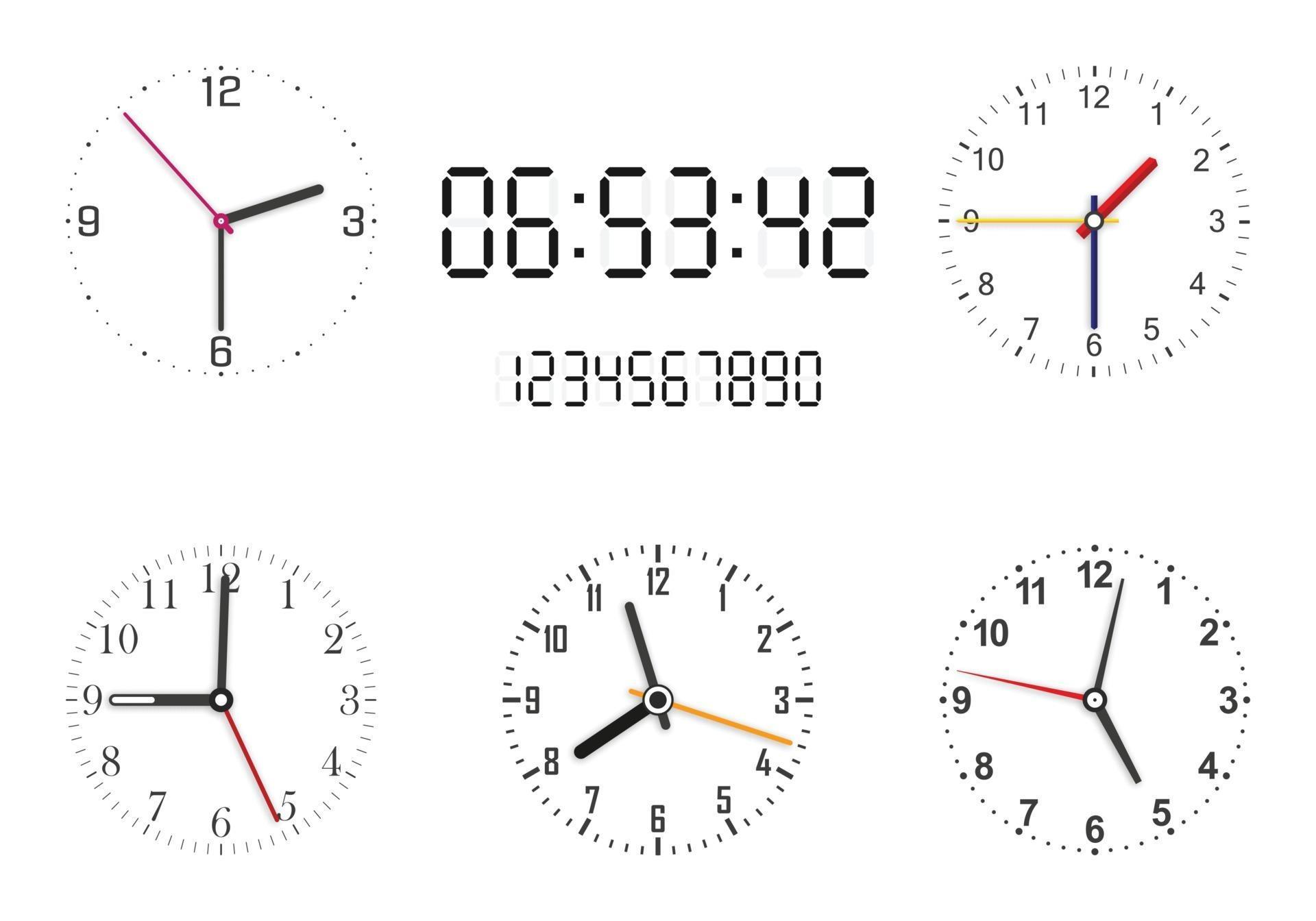 Set of analog and digital clock faces on white background. Clock hands ...