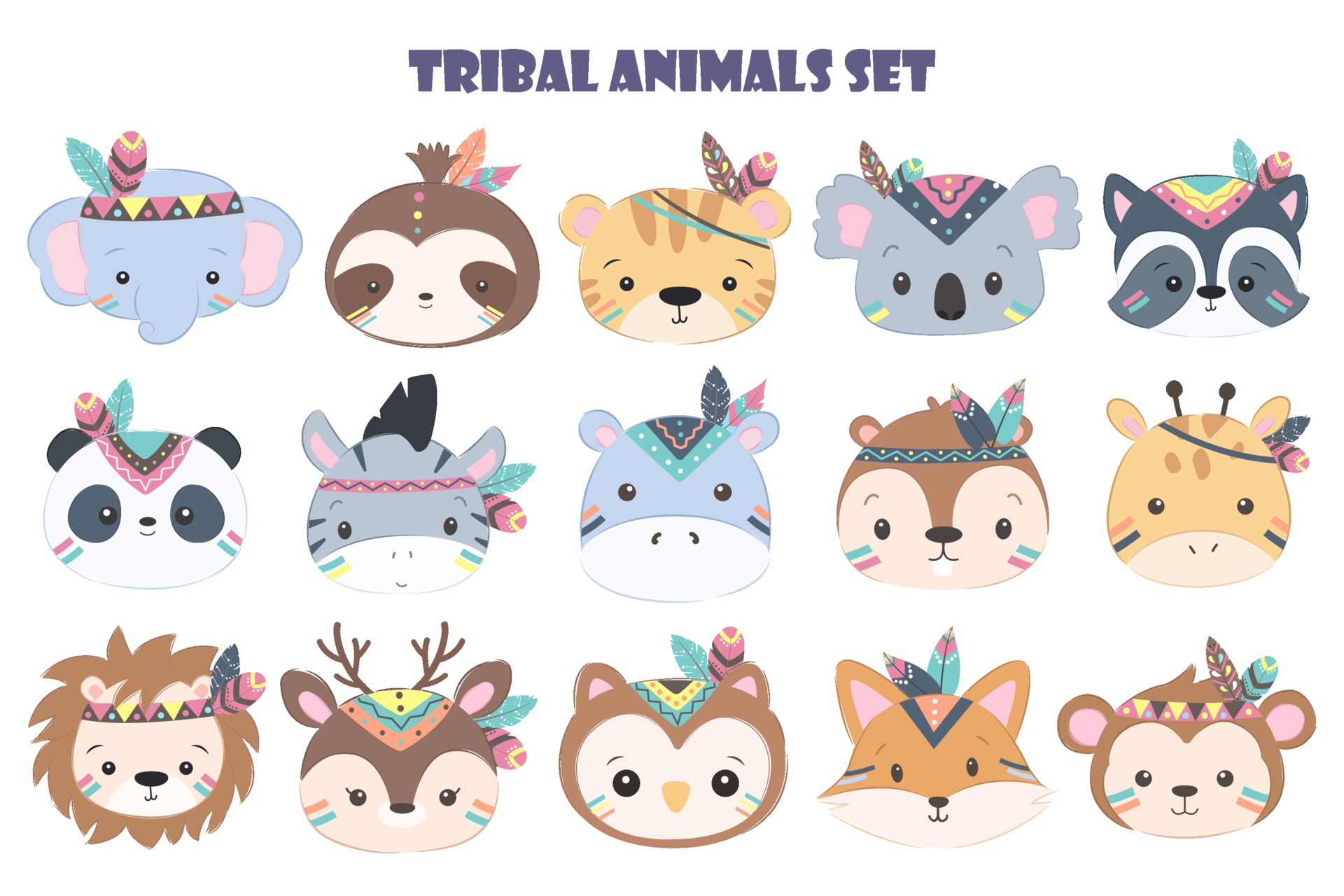 Cute animal head set 2058955 Vector Art at Vecteezy