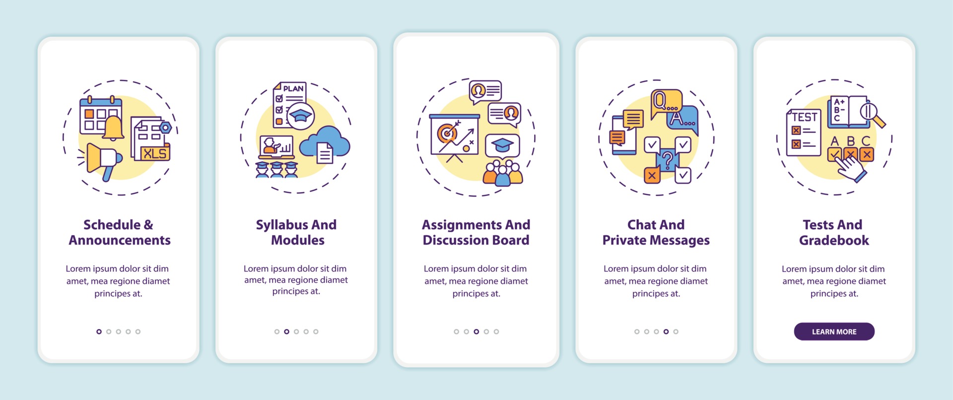 Online course management system onboarding mobile app page screen with ...