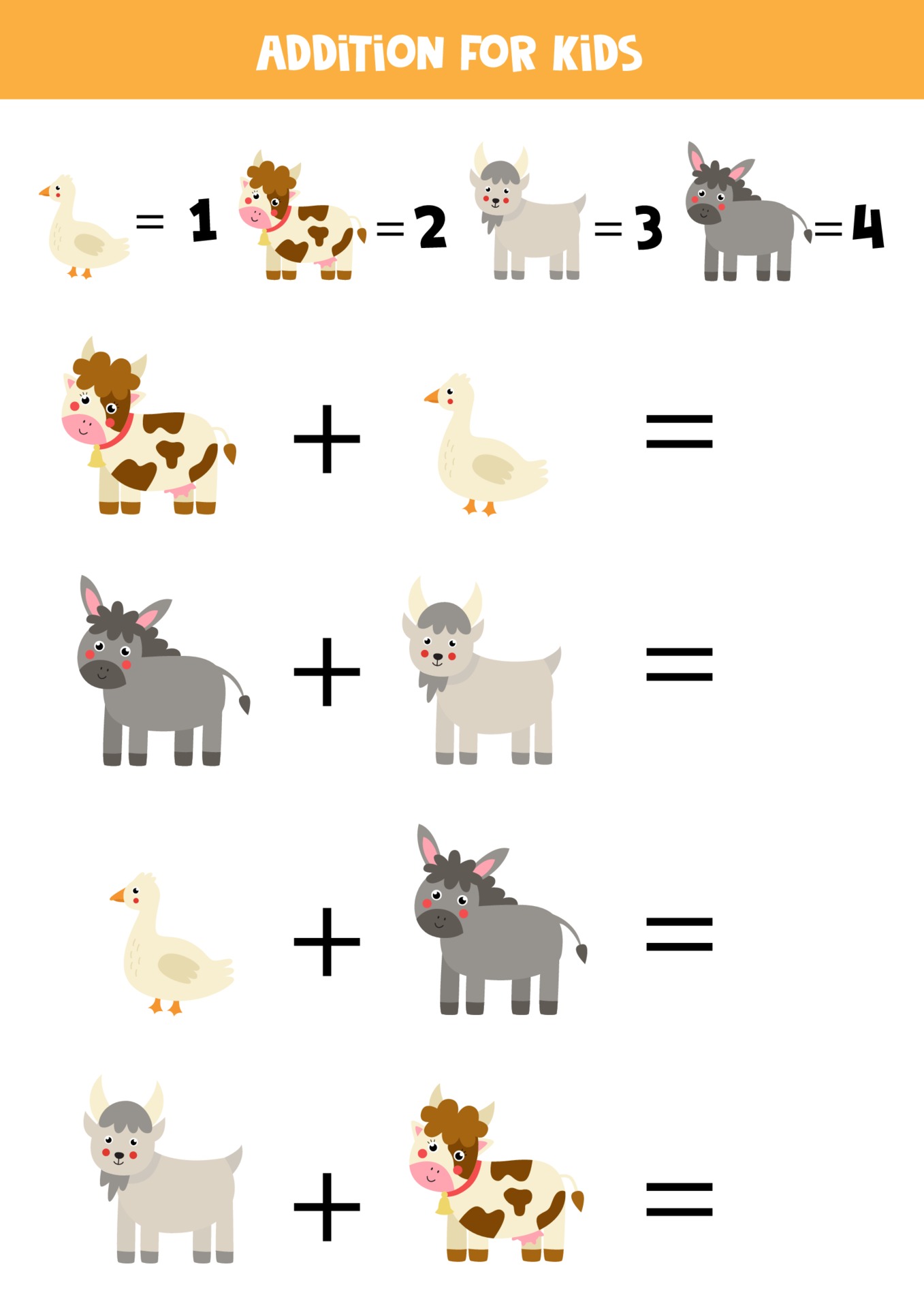 Addition worksheet with cute farm animals. Math game. 2069188 Vector ... Addition worksheet with cute farm animals. Math game. 2069188 Vector ...
