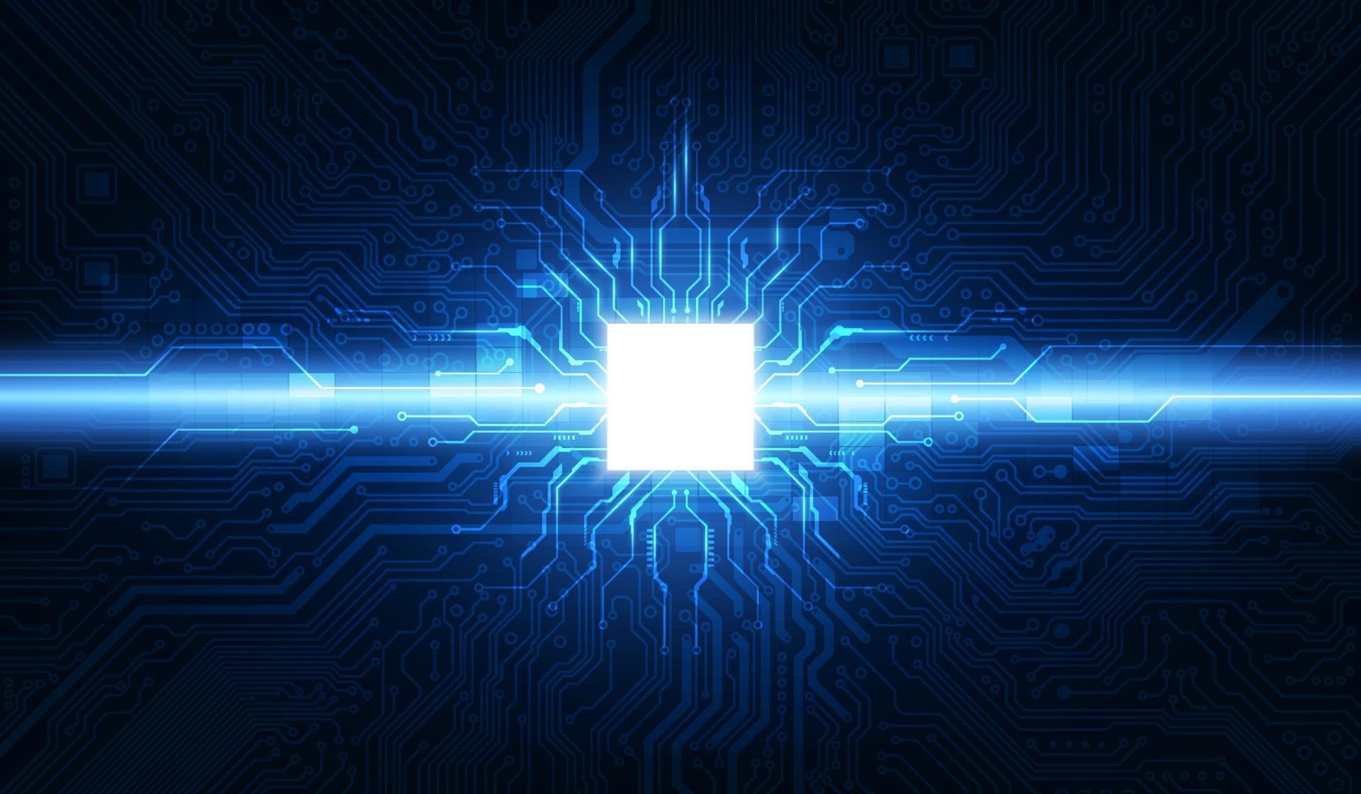 Abstract Technology Chip Processor Background Circuit Board And Html Code3d Illustration Blue