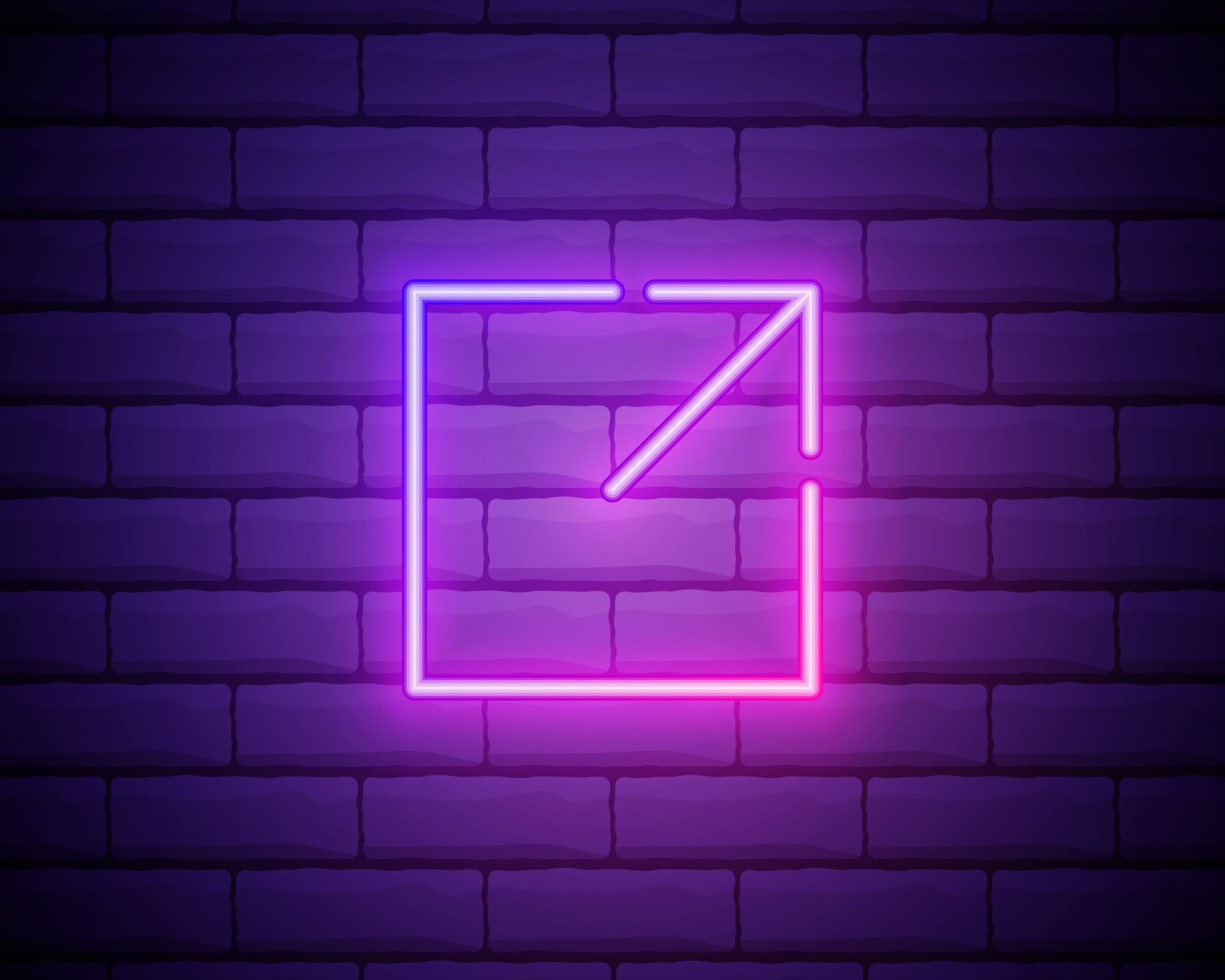 Glowing neon Open in new window icon isolated on brick wall background. Open another tab button ...