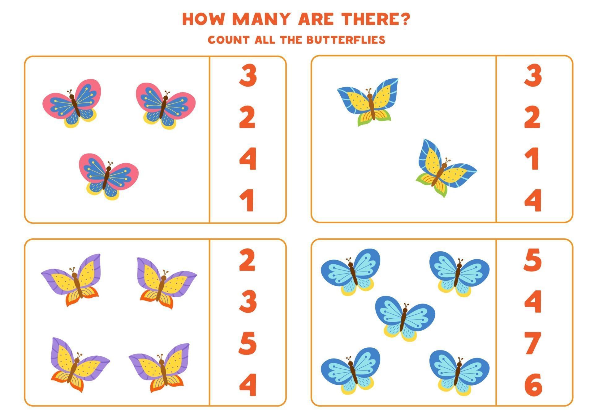 Counting Game With Butterflies Math Worksheet 2114422 Vector Art At