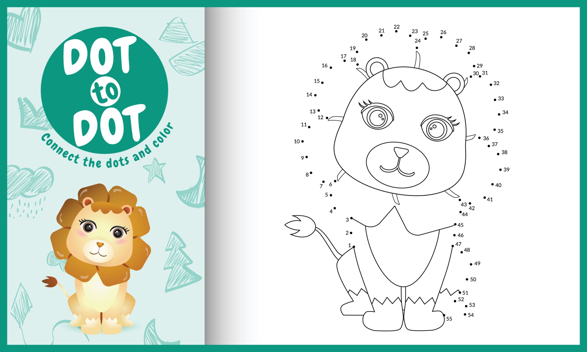 Connect the dots kids game and coloring page with a cute lion character ...