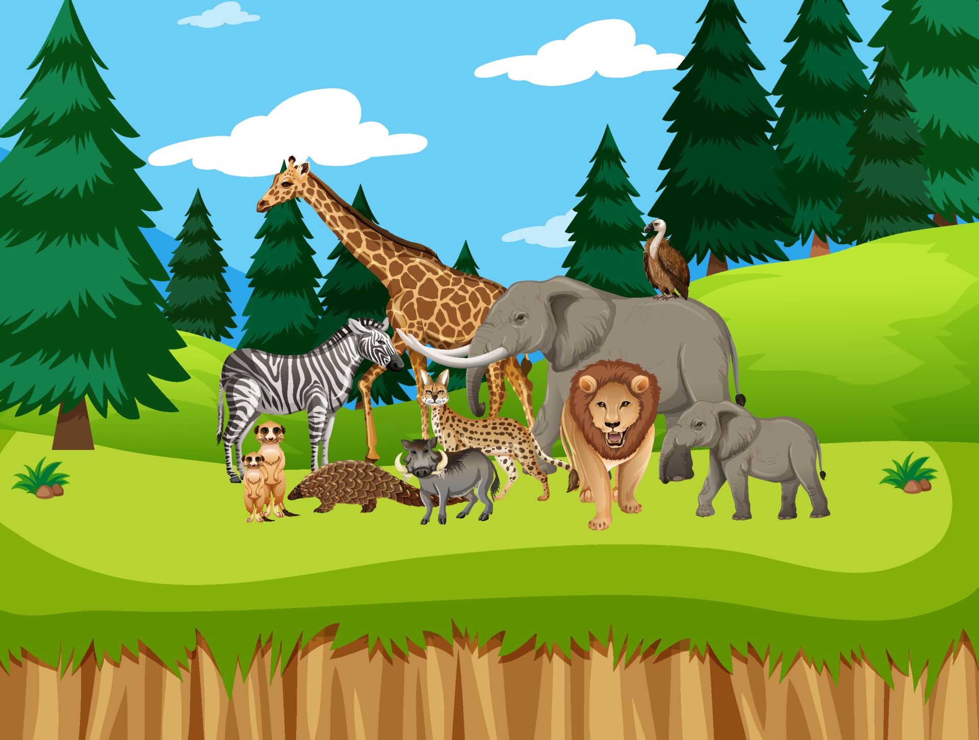 Group of wild african animal in the forest scene 2119738 Vector Art at ...