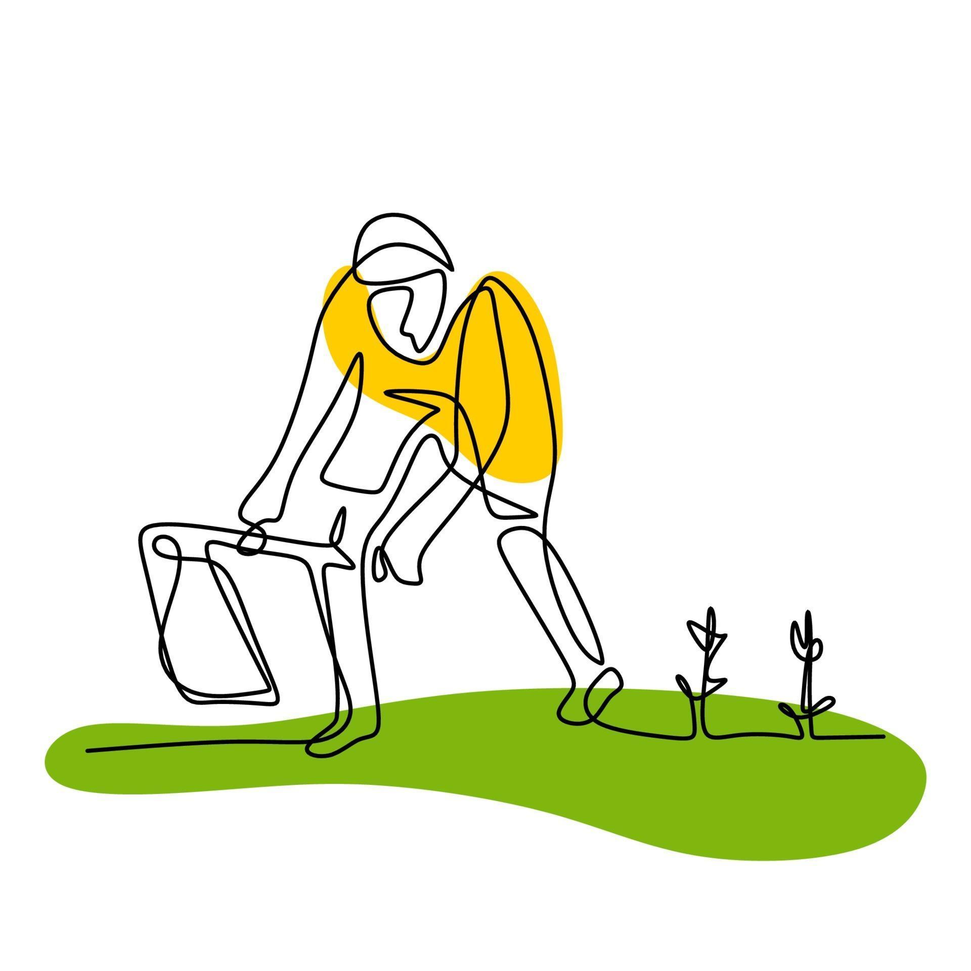 Single continuous line drawing young man digging ground using hoe at ... Single continuous line drawing young man digging ground using hoe at ...