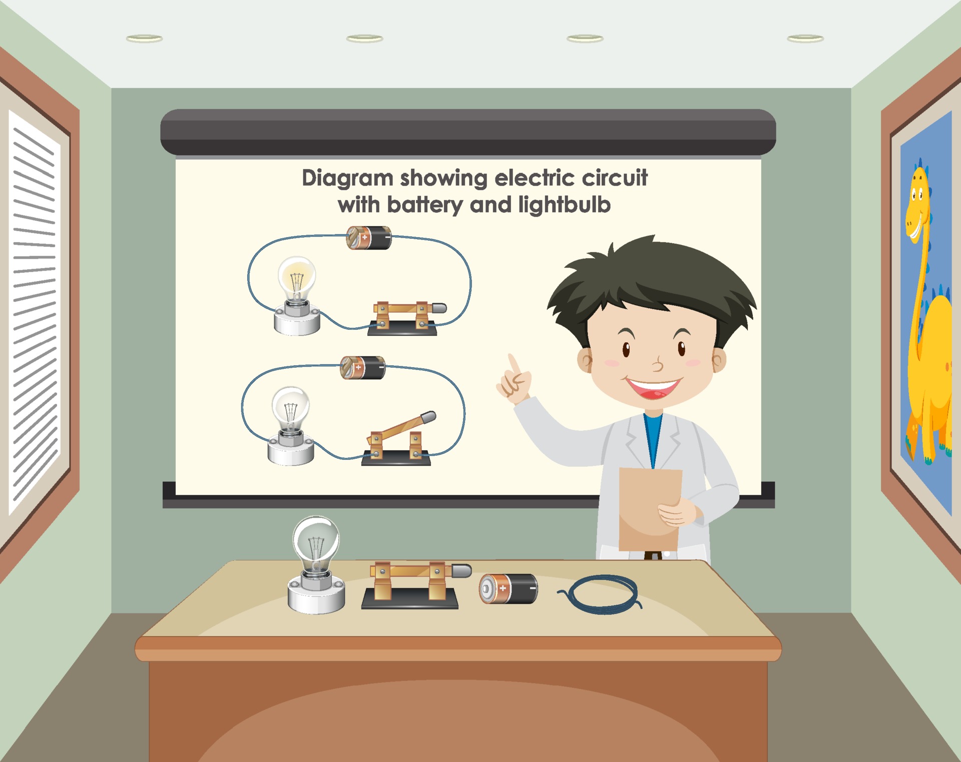 Scientist explaining electric circuit with battery and lightbulb ...