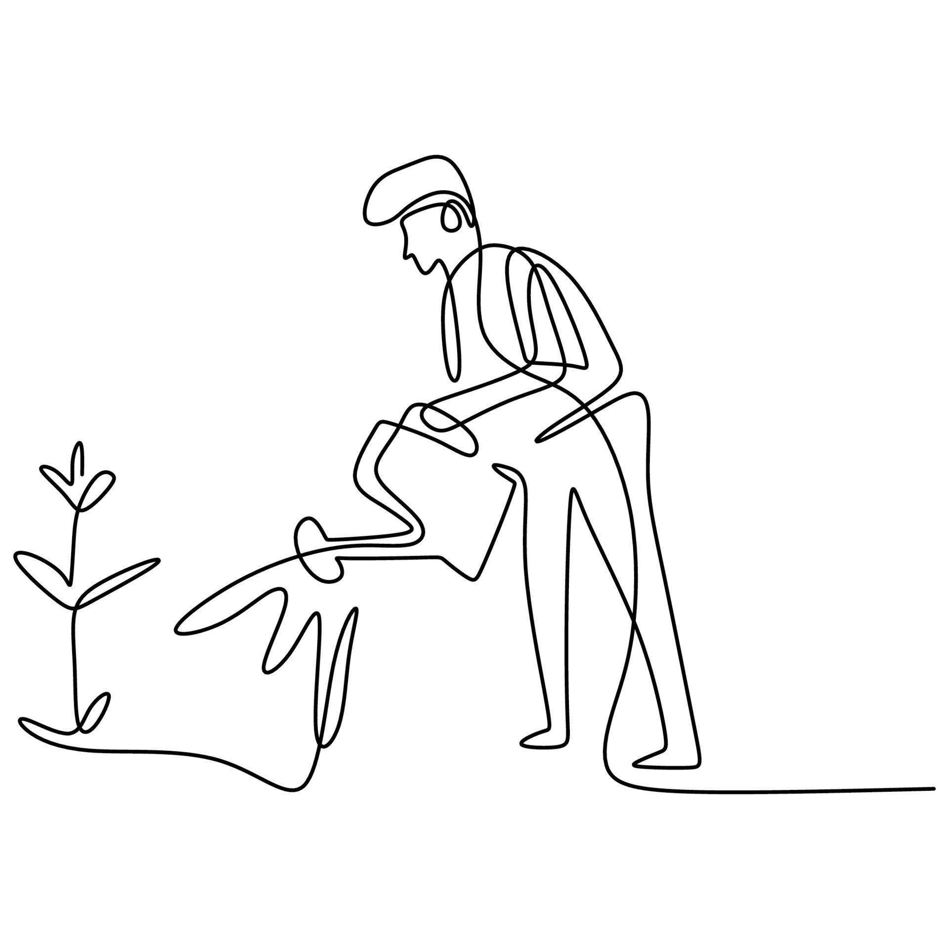 Single continuous line drawing of happy young male is watering flower ... Single continuous line drawing of happy young male is watering flower ...