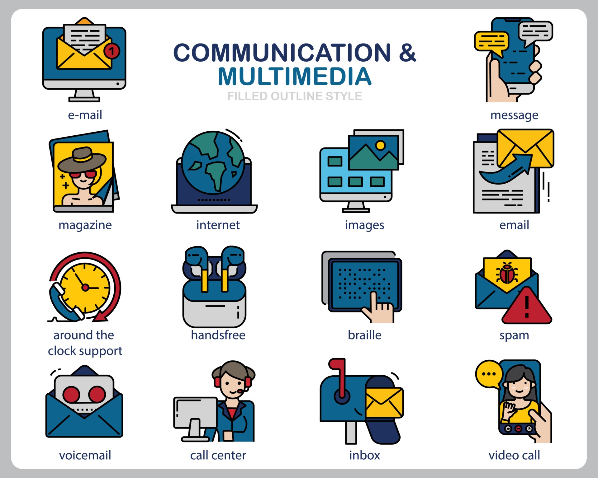 Communication Multimedia icon set for website, document, poster design ... Communication Multimedia icon set for website, document, poster design ...