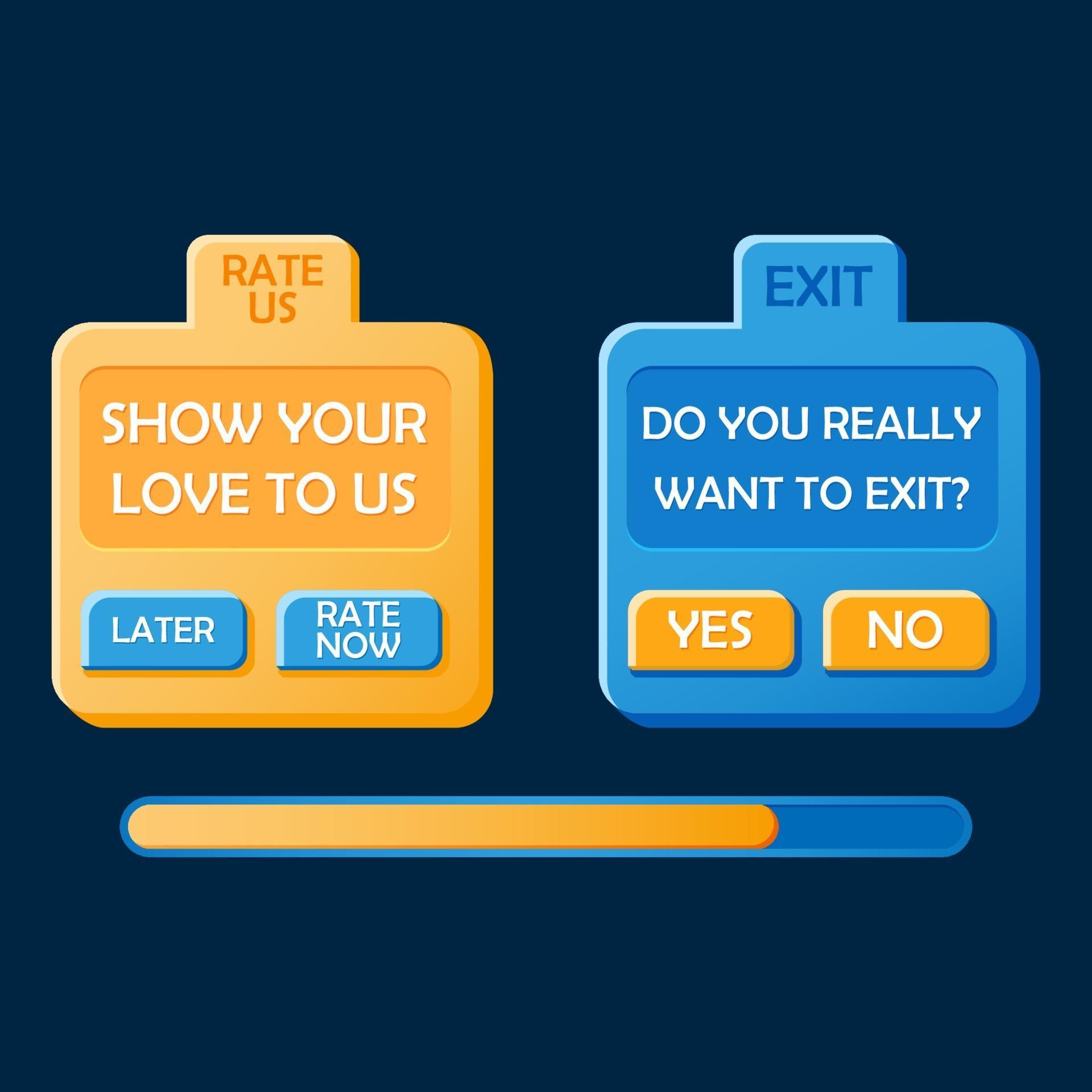 Modern game ui kit pop up. Exit, rate us pop up and loading bar for 2d games vector Illustration ...