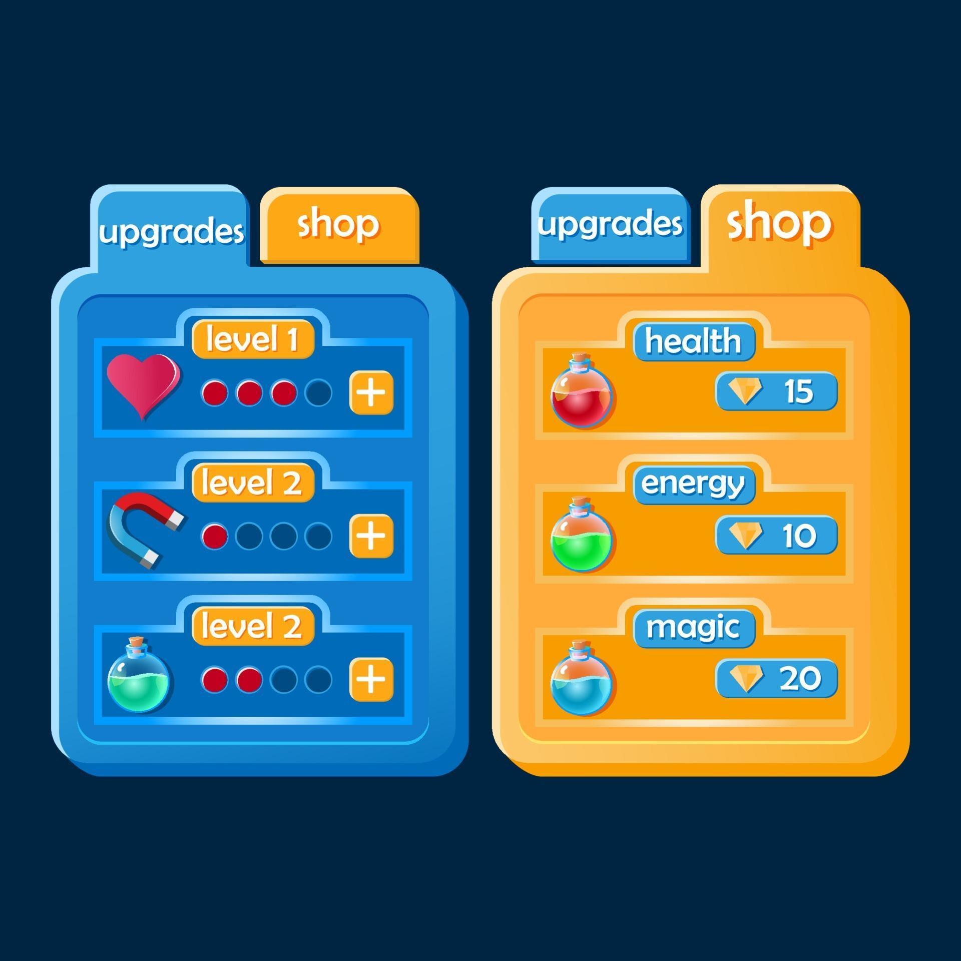 Set of modern game ui kit. Upgrade and shop pop up for 2d gui games vector Illustration 2128814 ...