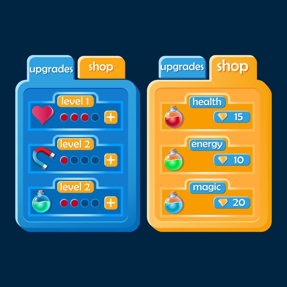 Set Of Modern Game Ui Kit Upgrade And Shop Pop Up For 2d Gui Games Vector Illustration 2128814