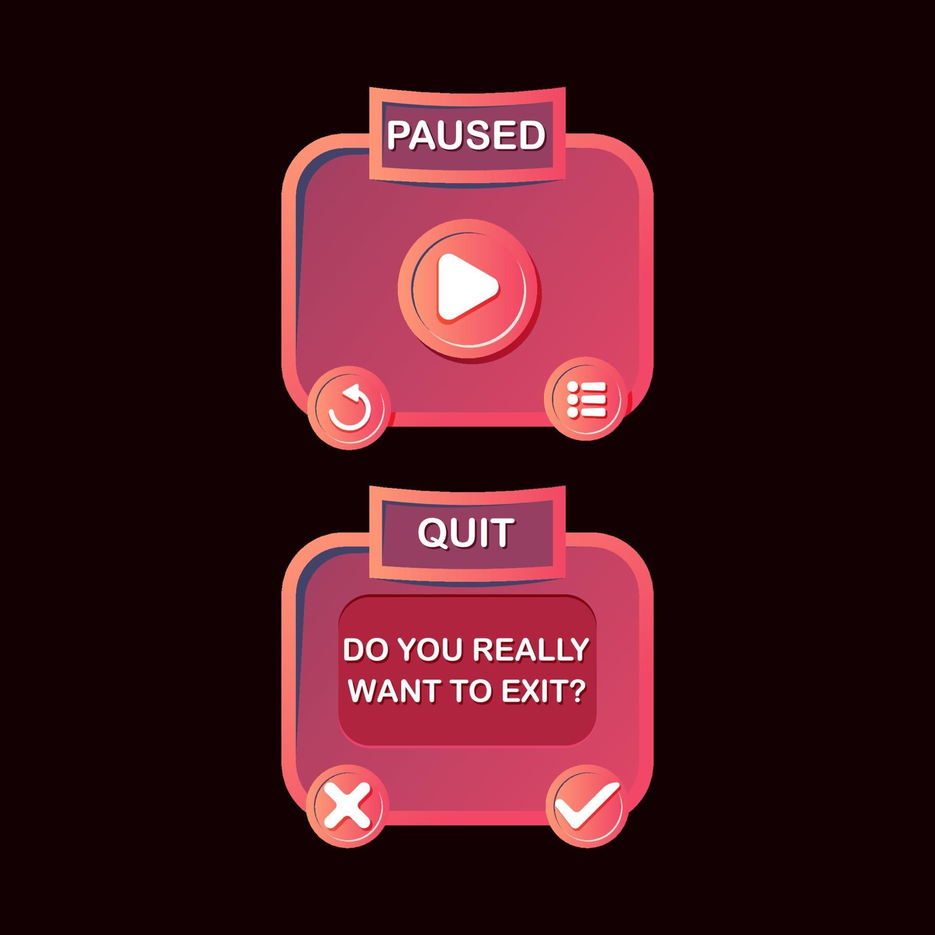Game ui set. Pause and quit menu pop up for 2d games vector ...