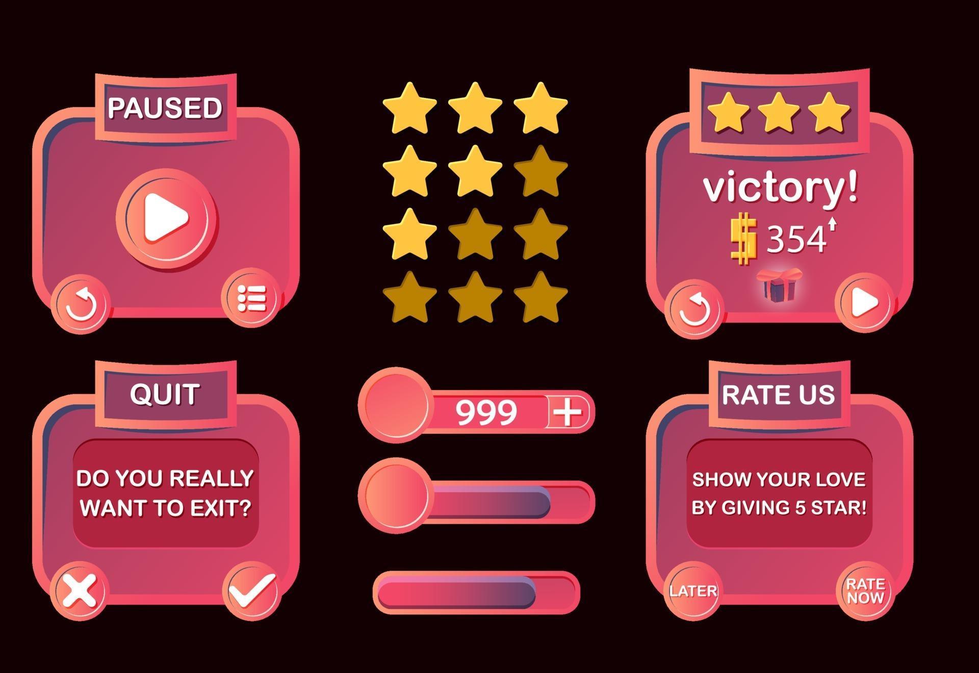 set of game ui level complete, pause menu, exit, and rate us pop up for gui asset elements ...