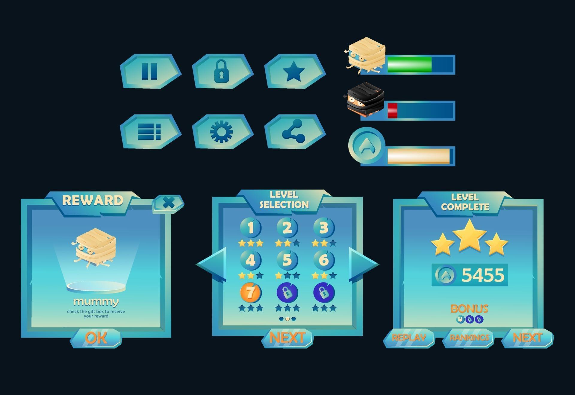 set of fantasy game ui level complete, level selection, progress bar and asset icon for gui ...