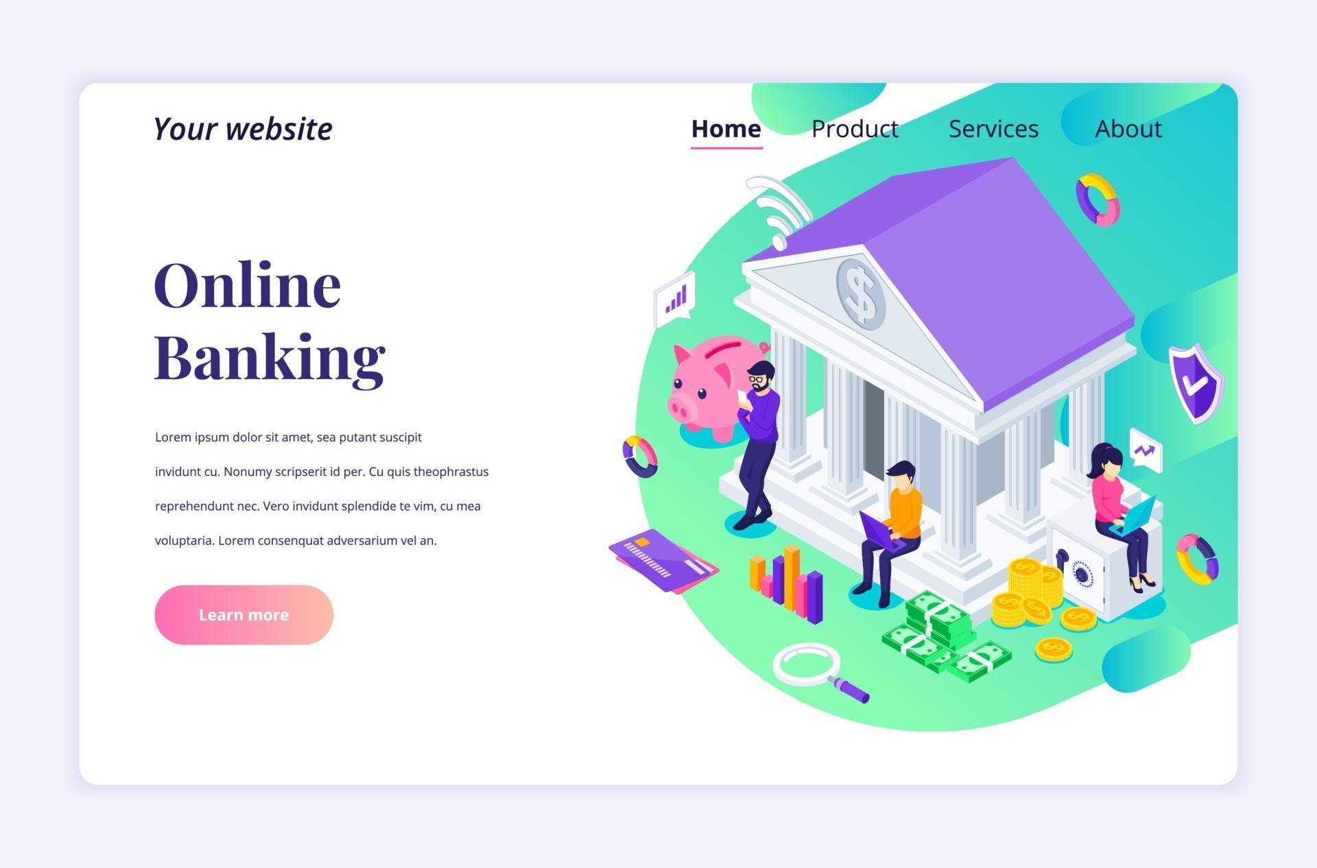 Modern flat isometric design concept of Online Banking with characters. Online financial ...