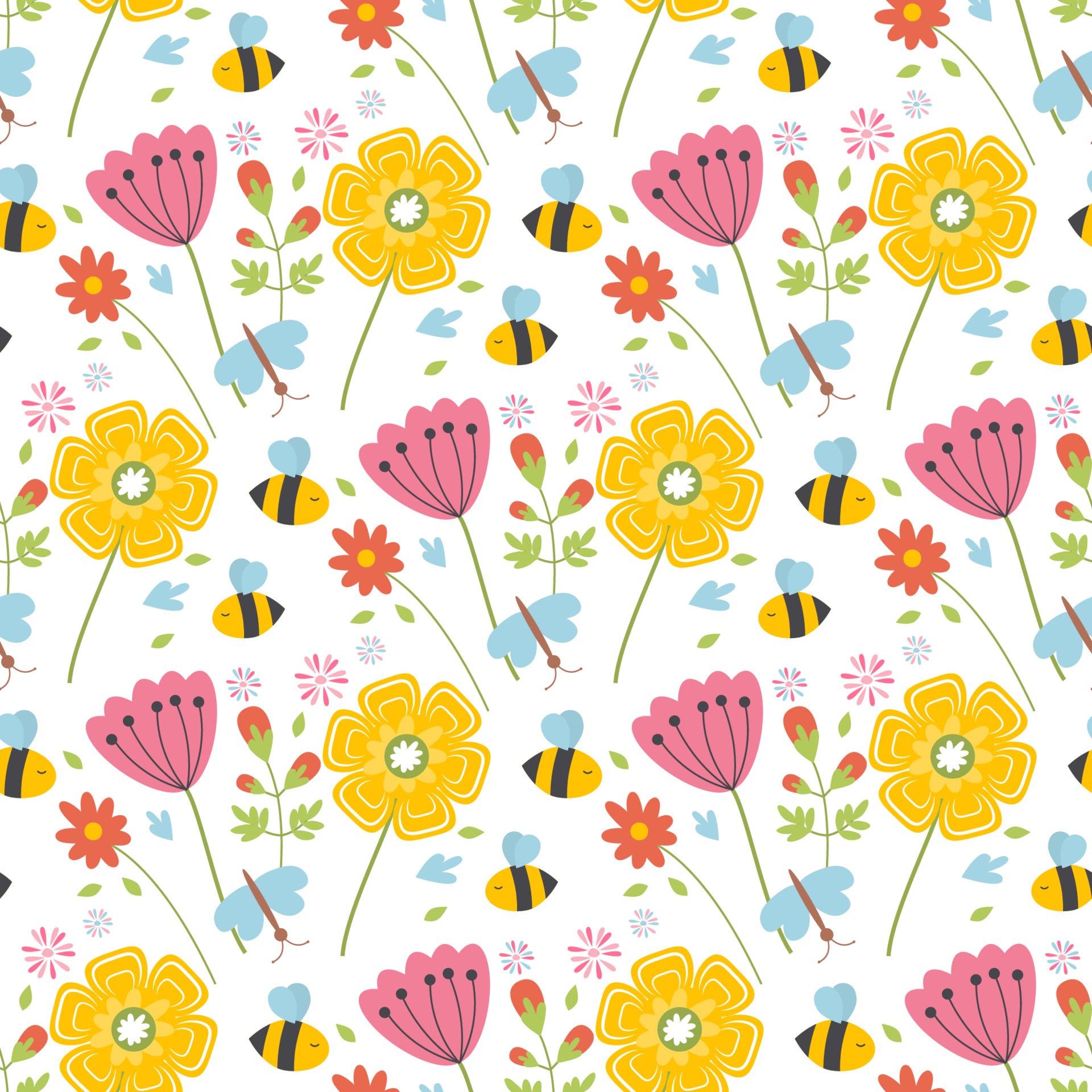 Easter spring seamless pattern with cute animals, birds, bees ...