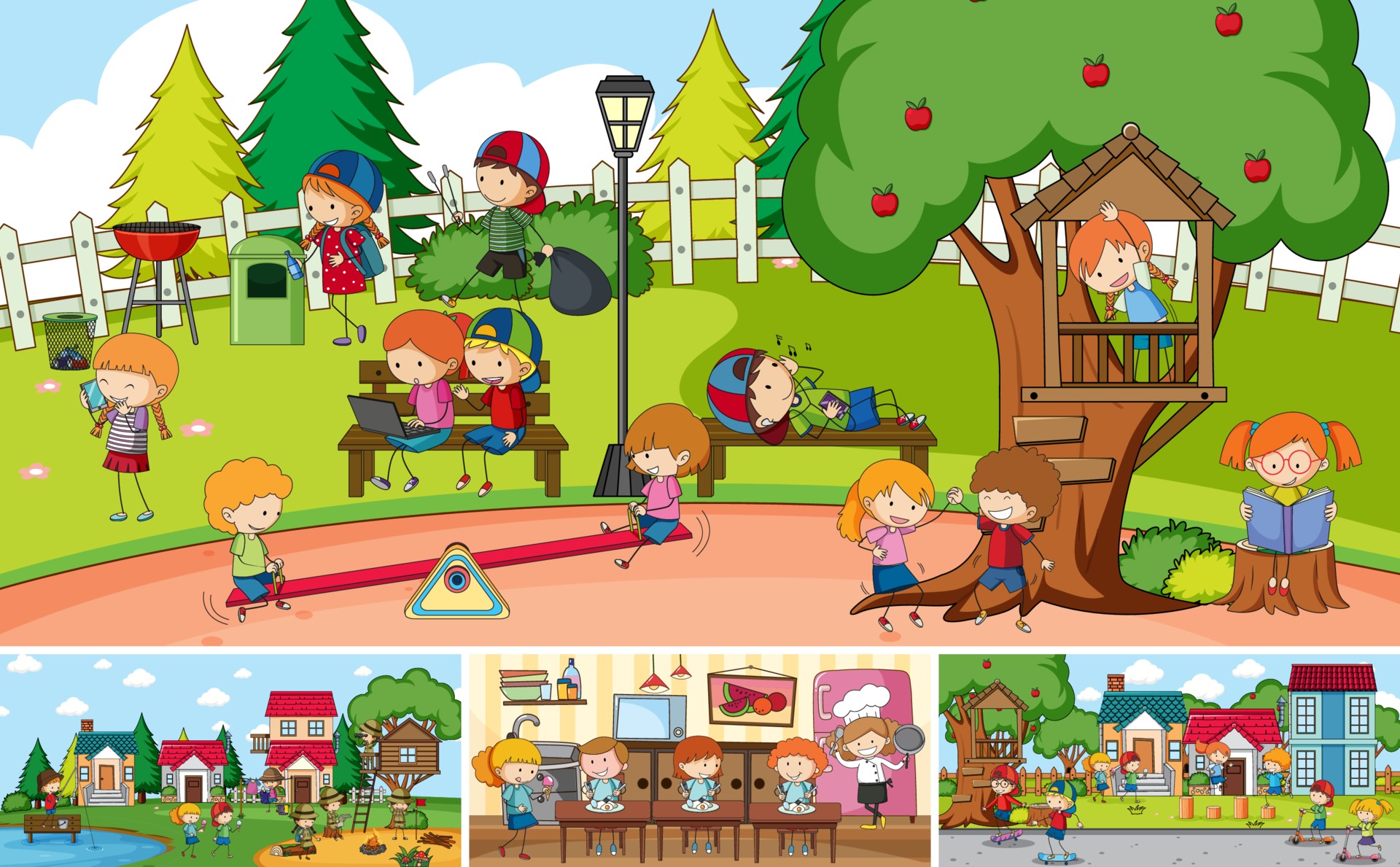 Outdoor scene set with many kids doodle cartoon character 2149510 ...