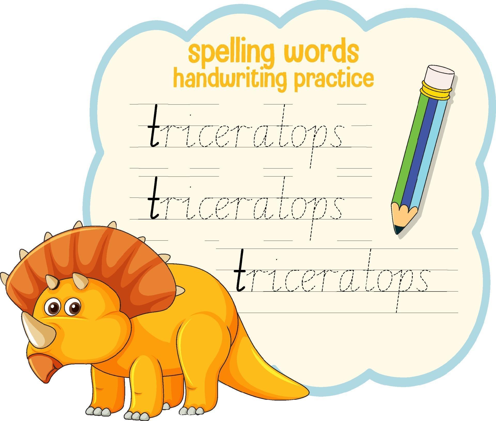 Spelling words dinosaur handwriting practice worksheet 2149538 Vector ...