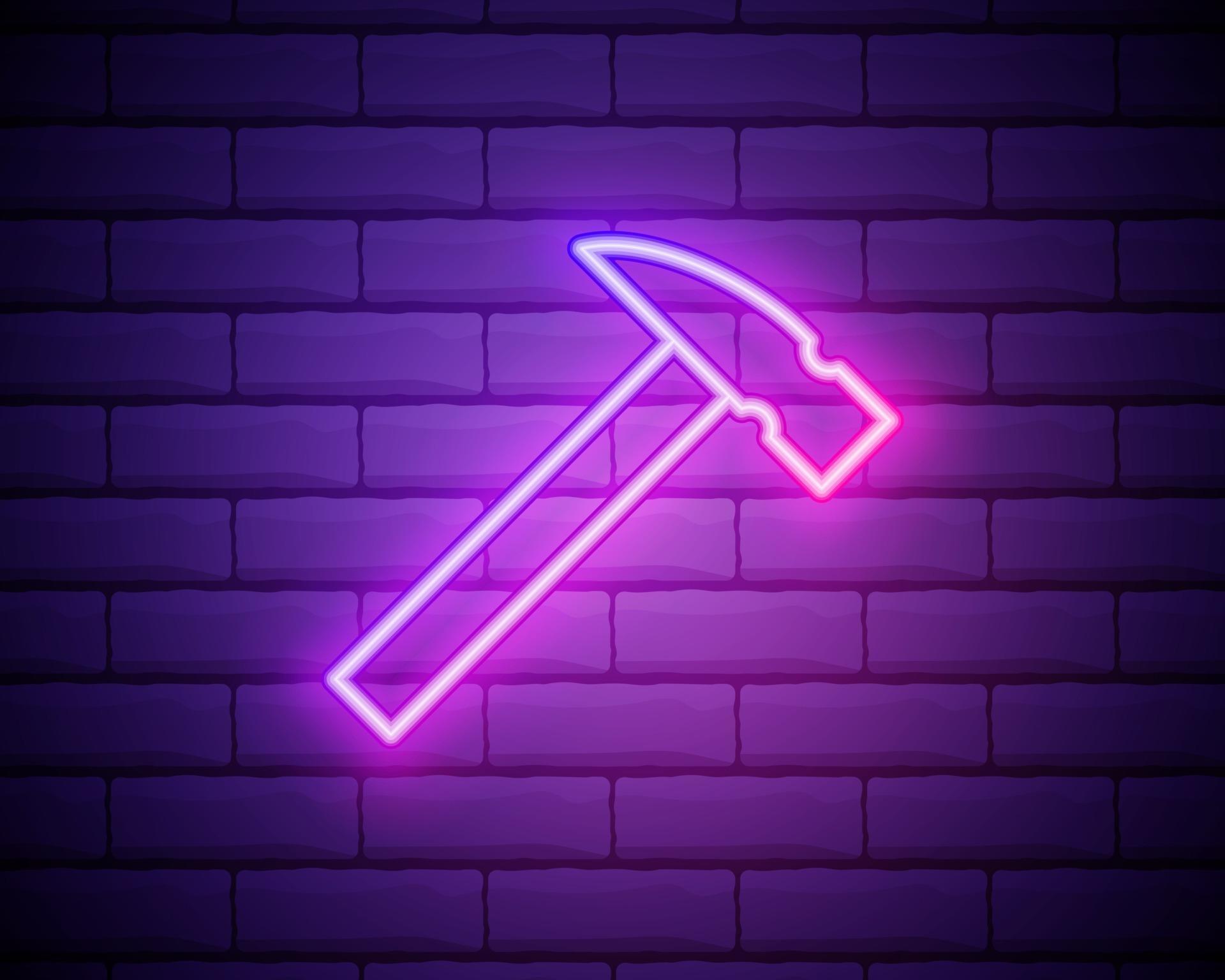 Glowing neon line Hammer icon isolated on brick wall. Tool for repair ...