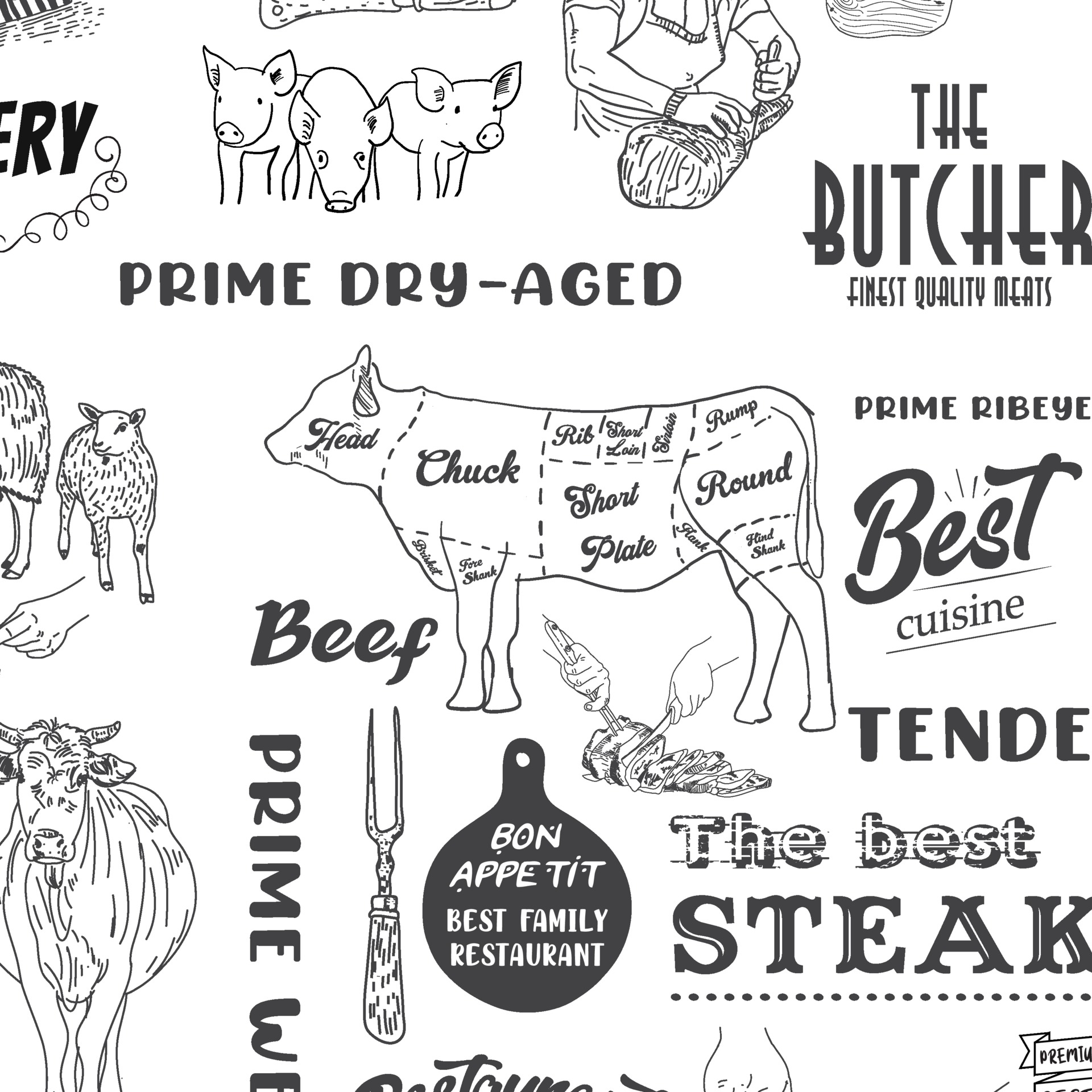Hand Drawn Meat Steak Beef And Pork Lamb Seamless Pattern 2162553