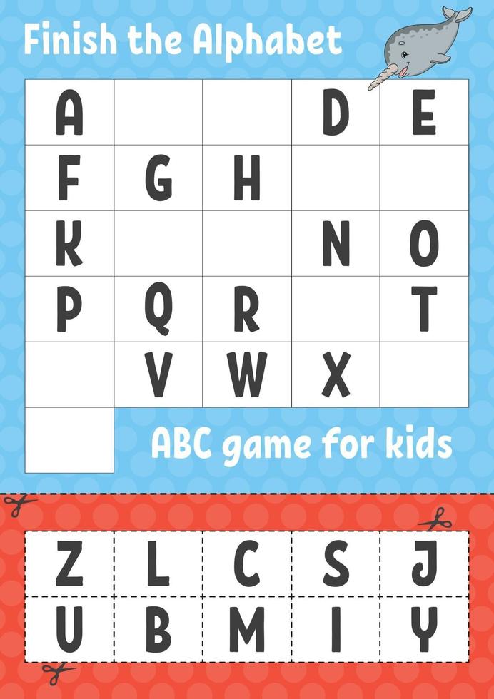 Finish the alphabet. ABC game for kids. Cut and glue. Education developing worksheet. Learning ...
