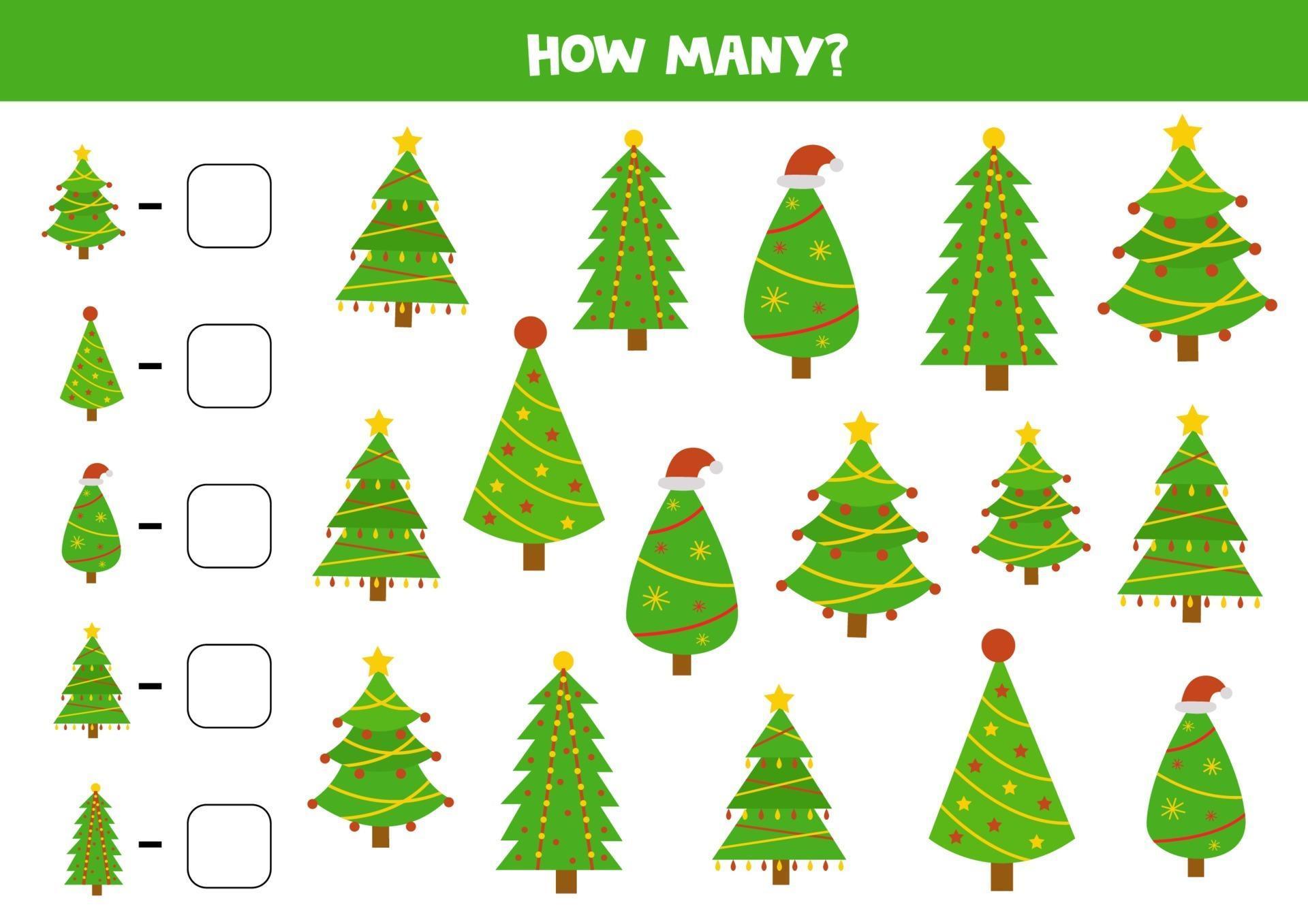 Counting game for kids. Christmas worksheet. Count all fir trees ...