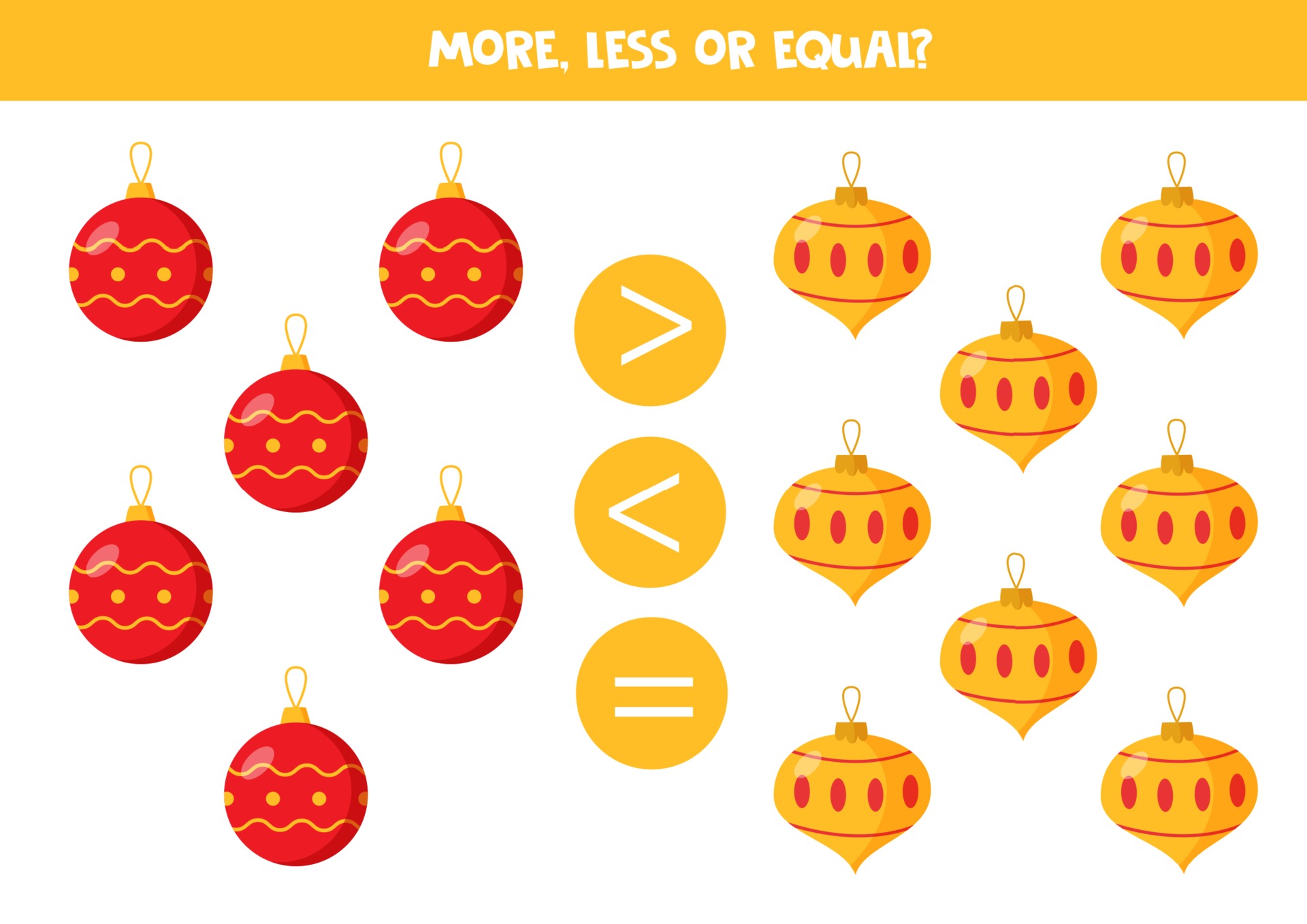 más, menos, igual que los adornos navideños. comparación de números ...